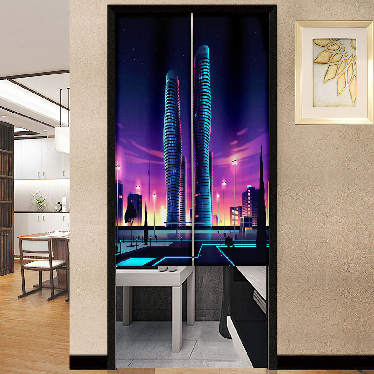 Neon City Night View Door Curtain Dust Proof No Punching Kitchen Cover ...