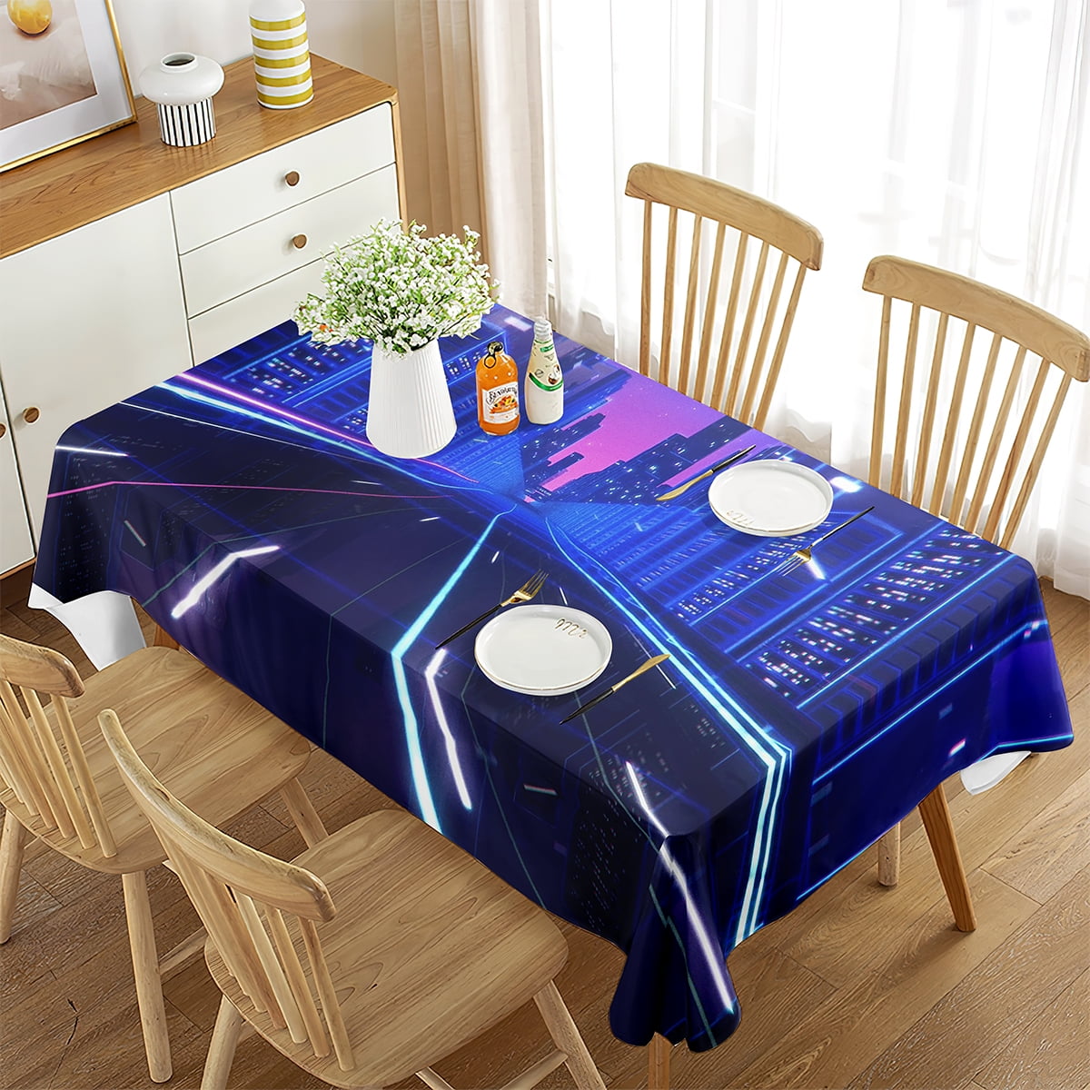 Neon City Night View Landscape Colourful Light Tablecloth Rectangular ...