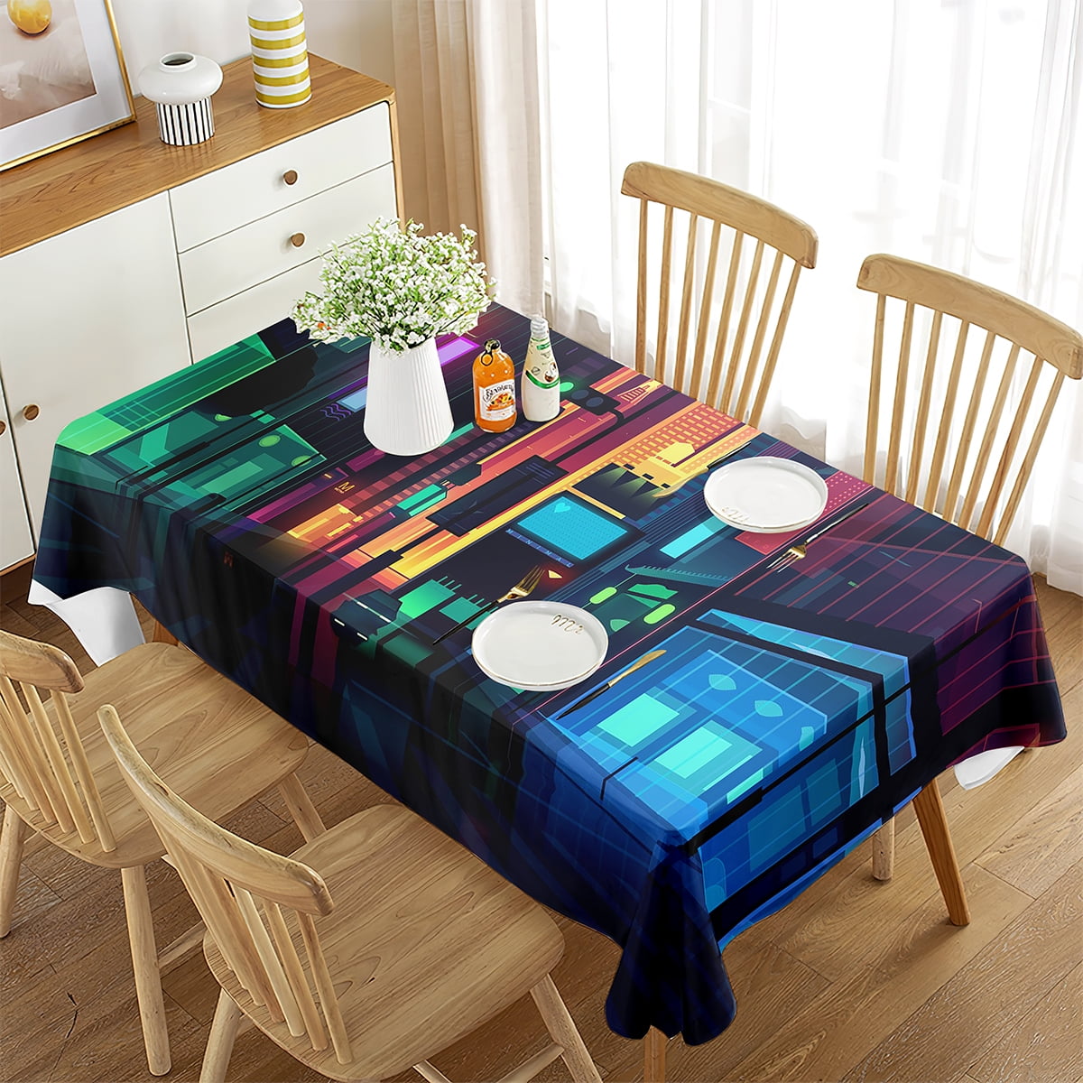 Neon City Night View Landscape Colourful Light Tablecloth Rectangular ...
