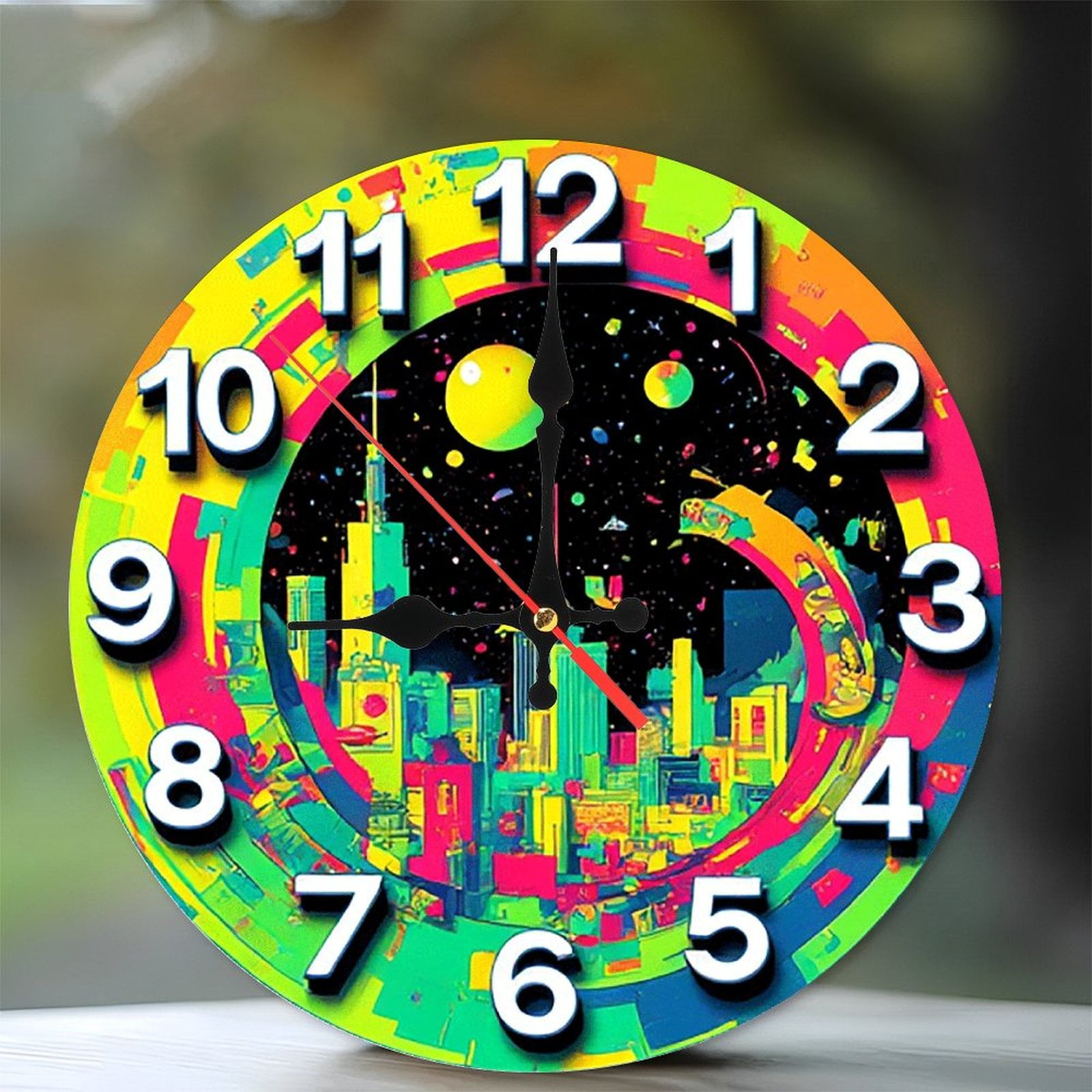 Neon Cityscape Psychedelic Clock Wall Art 10-Inch Silent Wooden Wall Clock, Battery Operated (AA ...