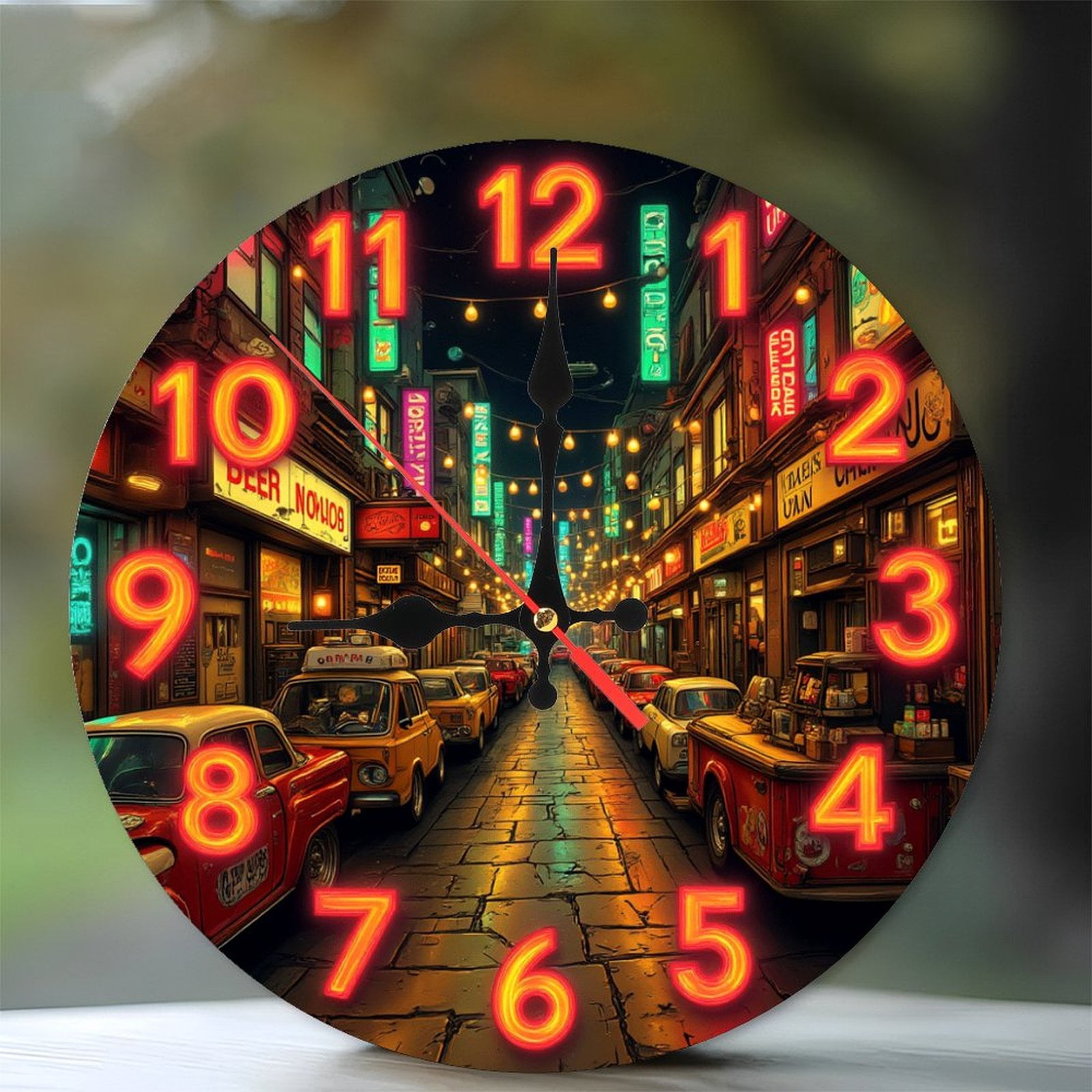 Neon Cityscape Retro Clock Wall Art 10-Inch Silent Wooden Wall Clock ...