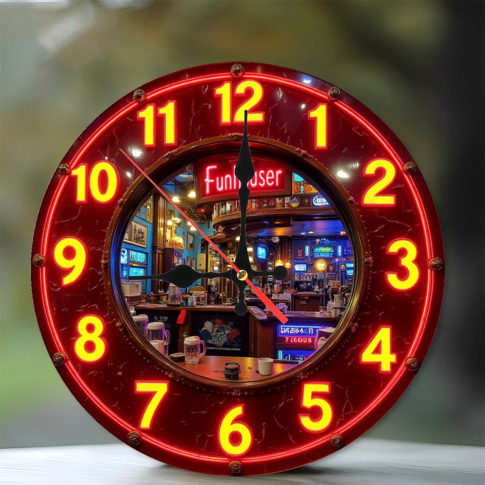 Neon Clock Bar Funhouse Wall Decor Mirror 10-Inch Silent Wooden Wall ...