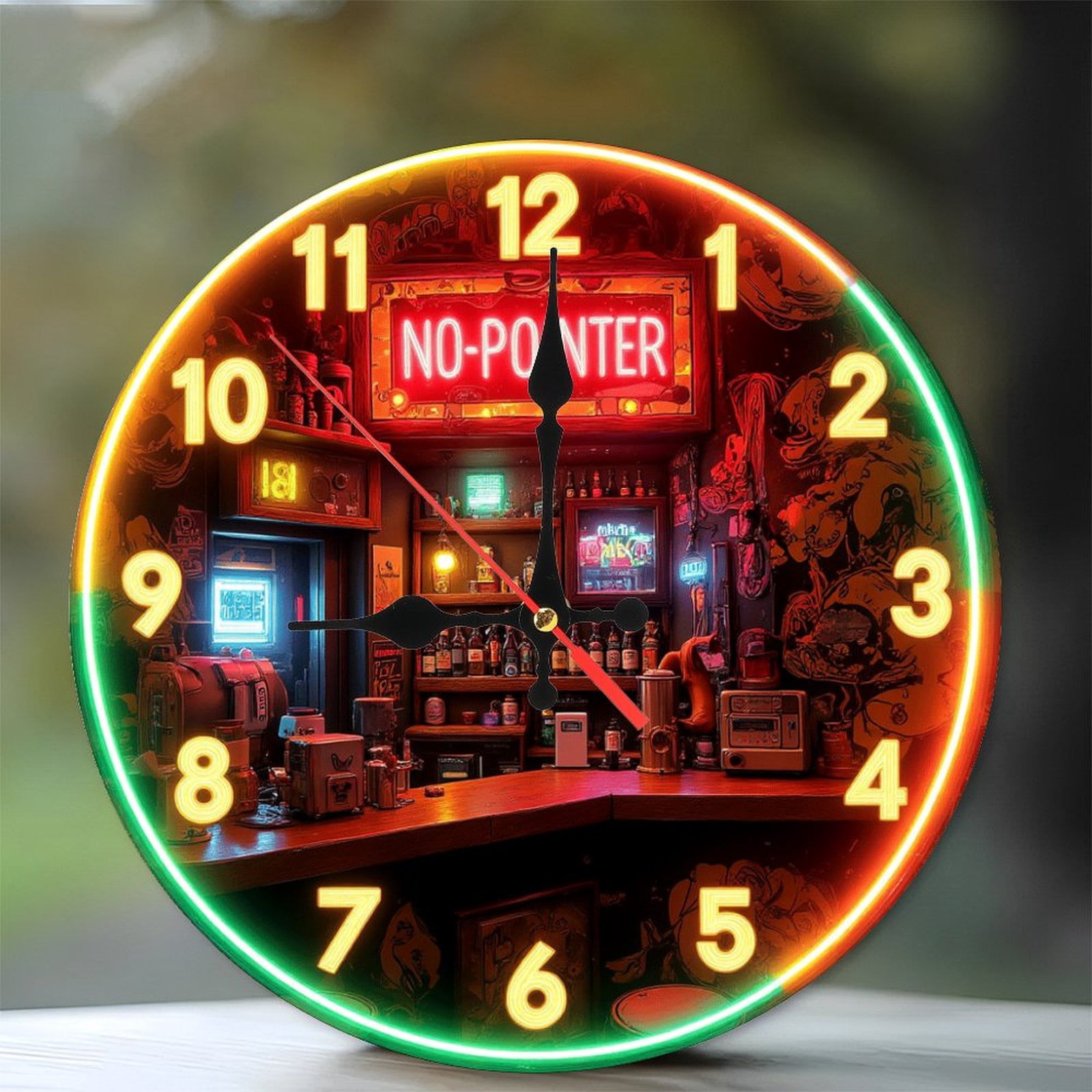 Neon Clock Bar Nightclub Decor Wall Clock 10-Inch Silent Wooden Wall ...