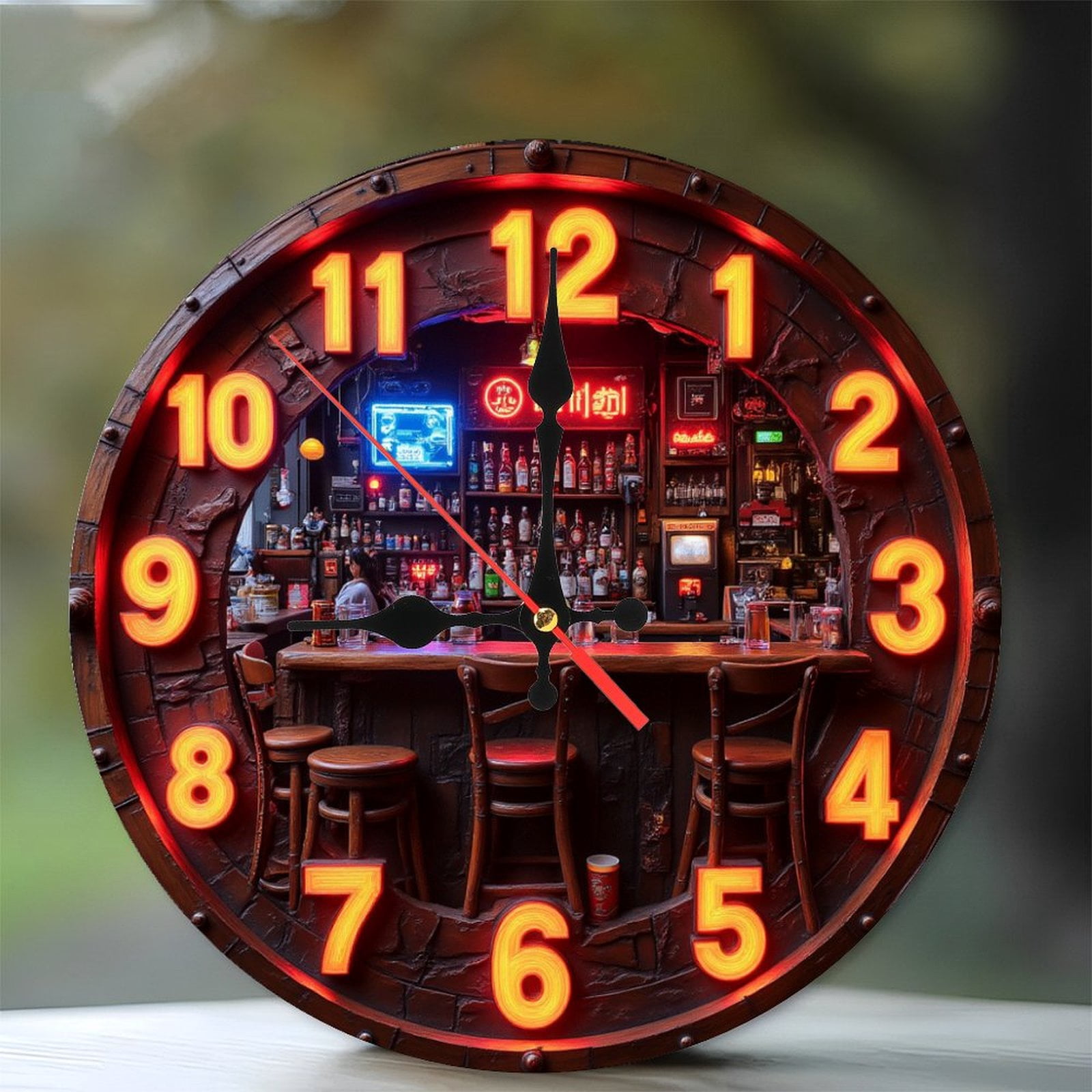 Neon Clock Bar Sign Vintage Pub Decor Wall Art 10-Inch Silent Wooden ...