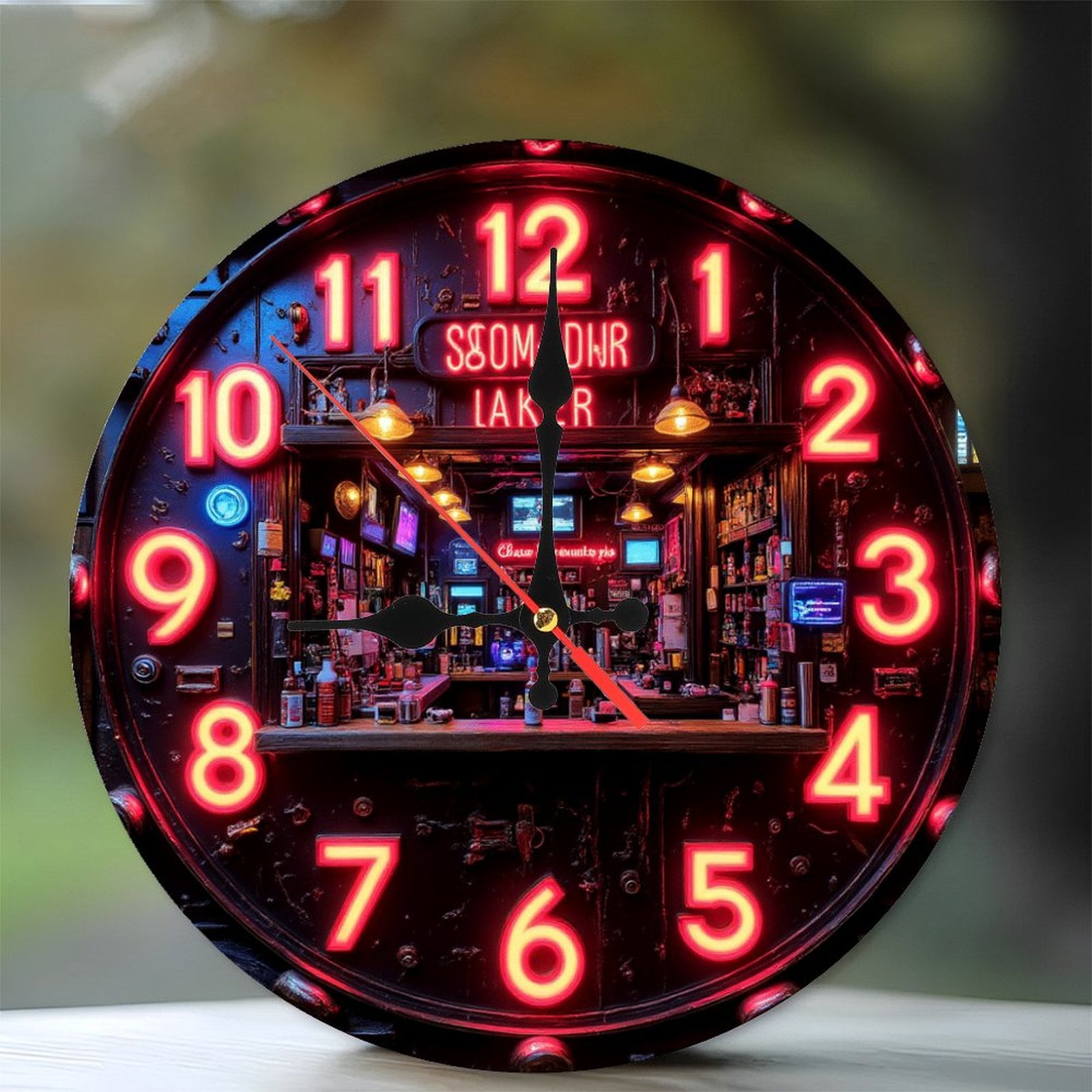 Neon Clock Bar Sign Vintage Steampunk Decor 12-Inch Silent Wooden Wall ...