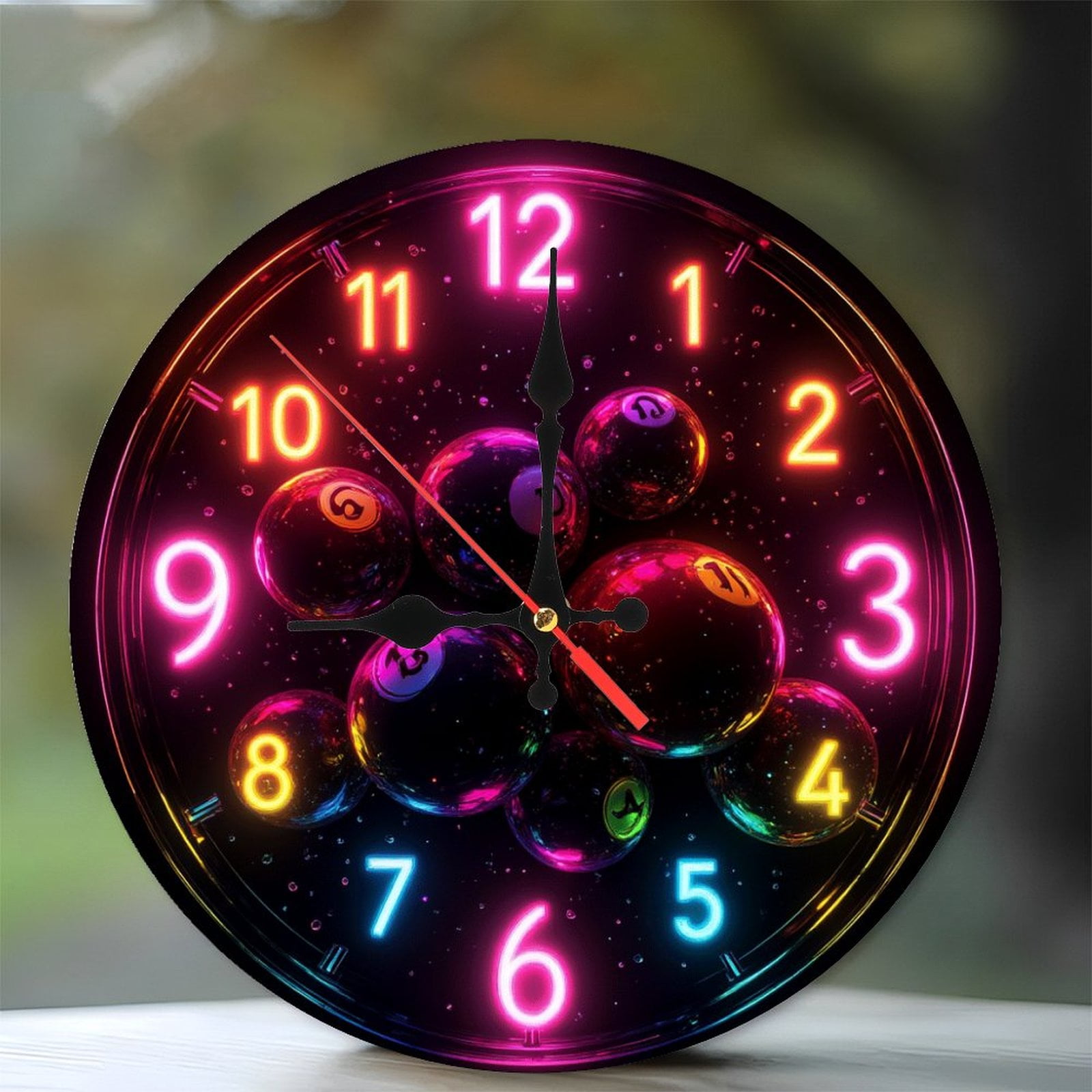 Neon Clock Billiard Balls Wall Decor 10-Inch Silent Wooden Wall Clock ...