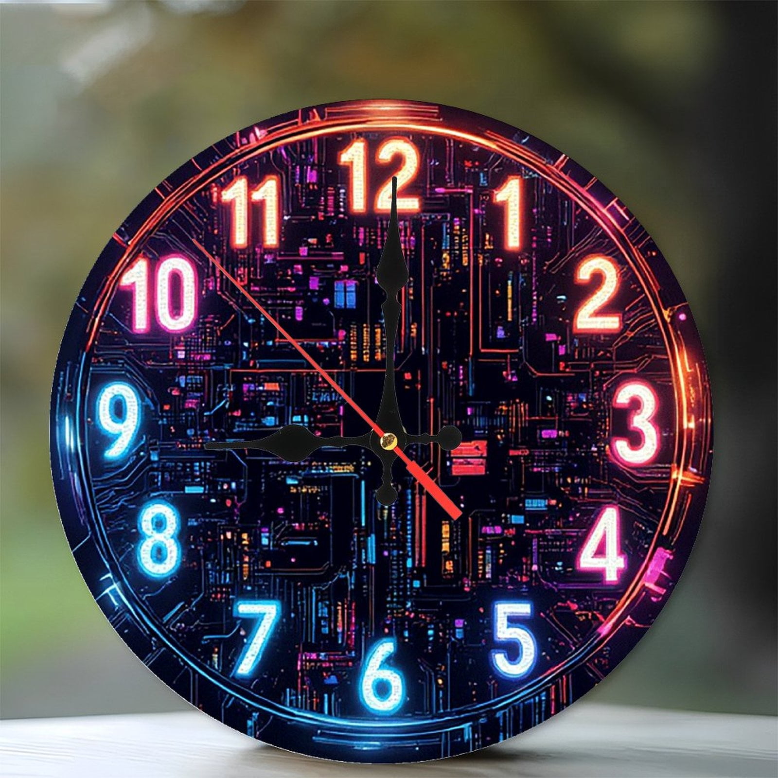 Neon Clock Circuit Board Wall Clock 10-Inch Silent Wooden Wall Clock, Battery Operated (AA ...