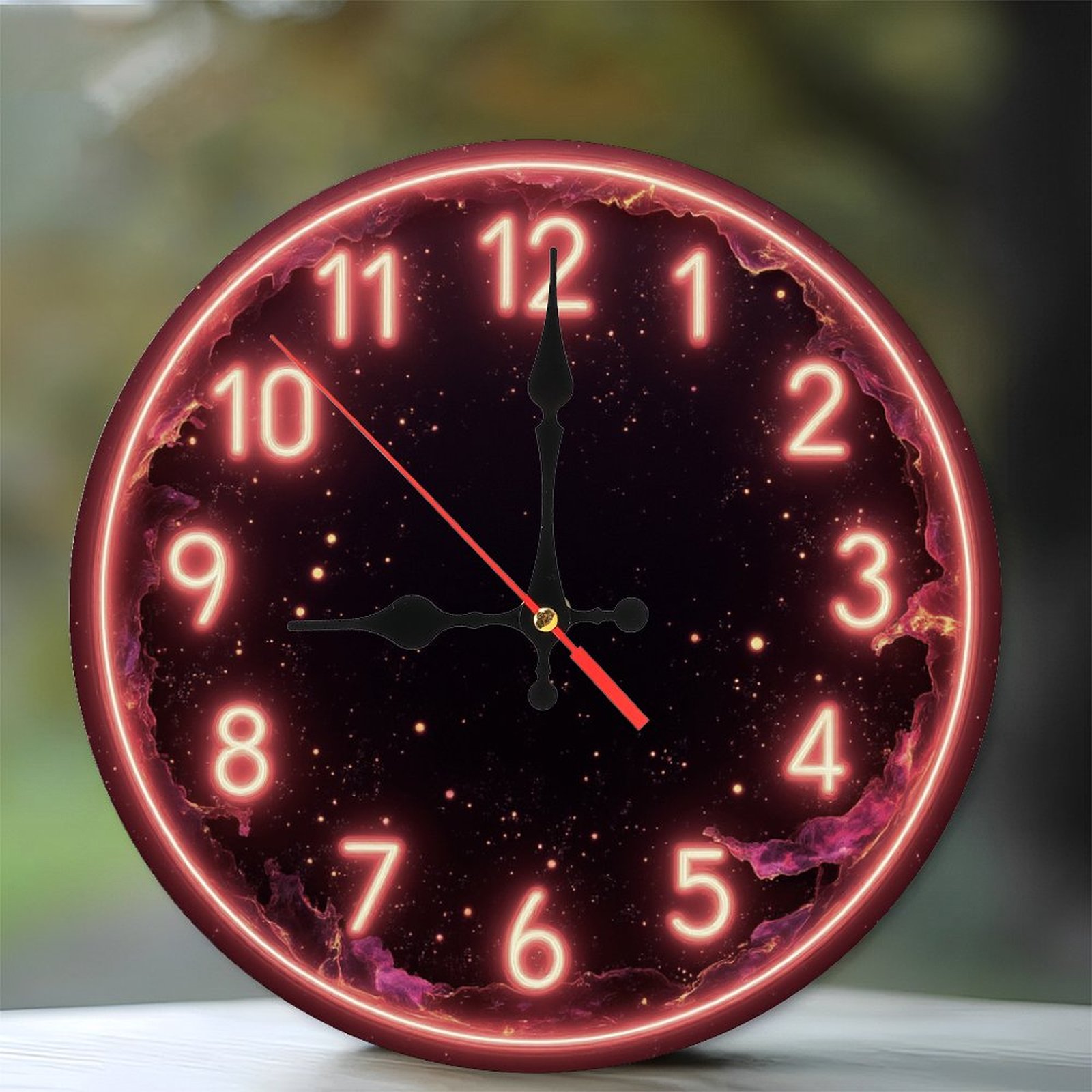 Neon Clock Cosmic Background 10-Inch Silent Wooden Wall Clock, Battery ...