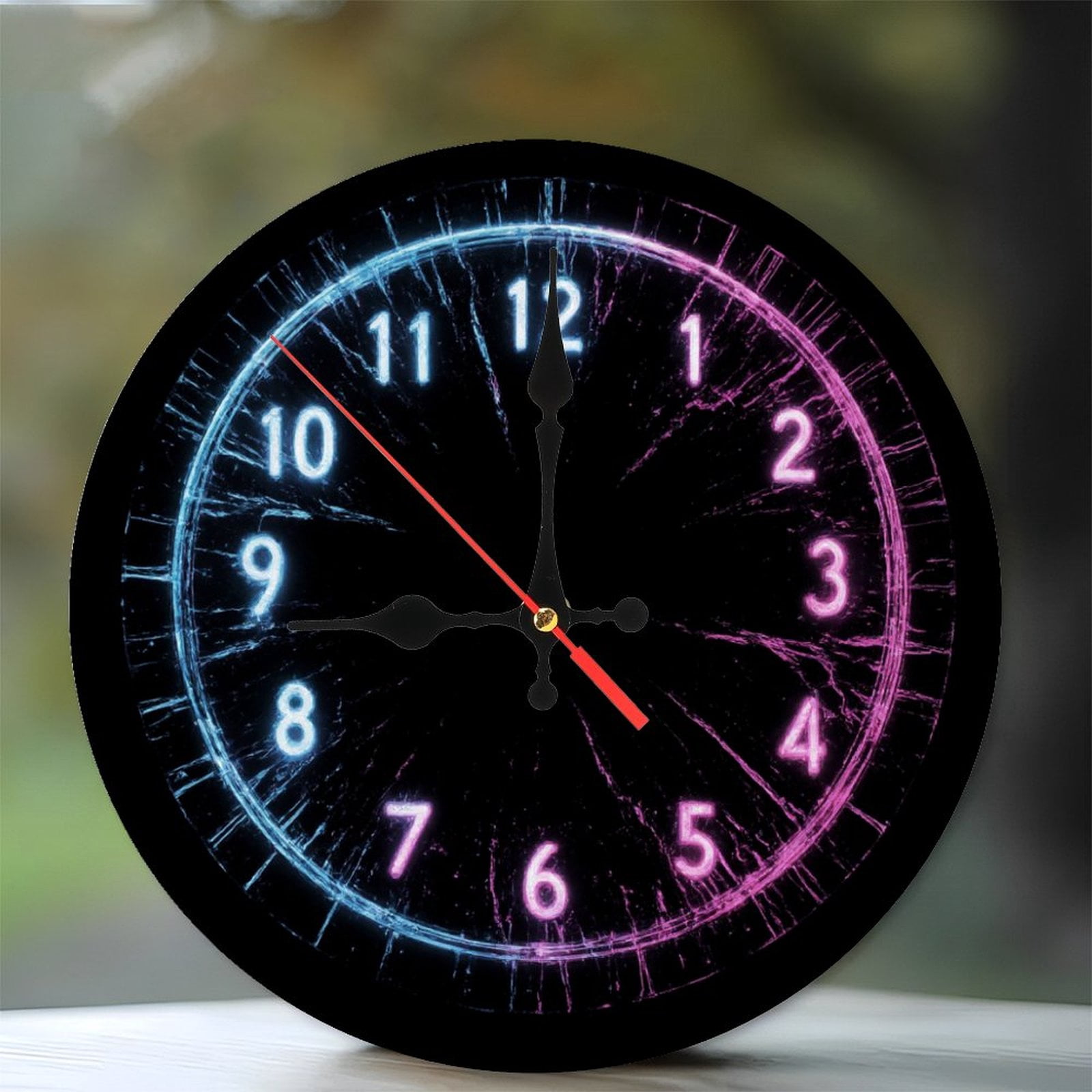 Neon Clock Cracked Glass Art Decor Wall Clock 10-Inch Silent Wooden ...