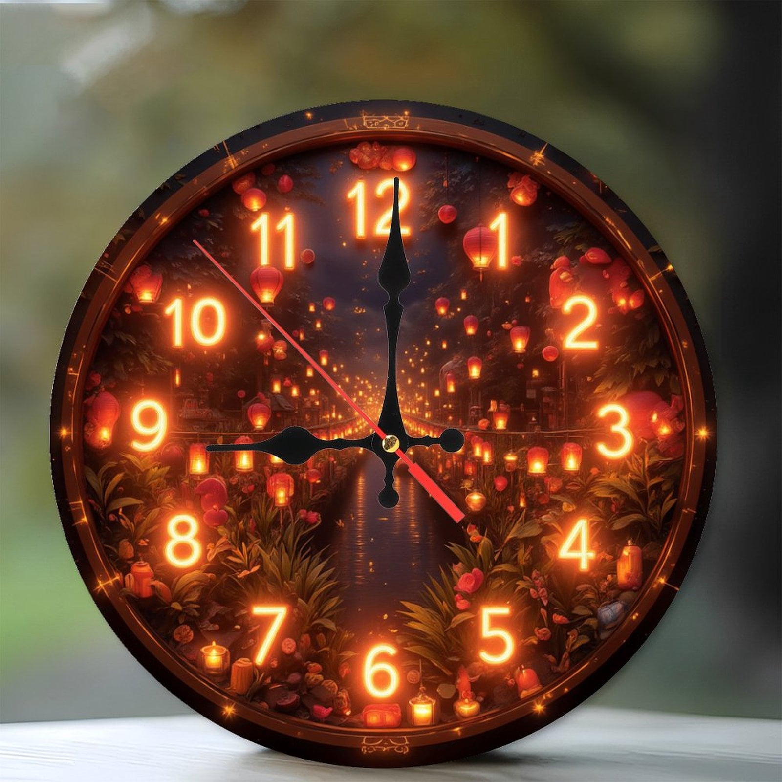 Neon Clock Lantern Canal Night Scene Wall Art 10-Inch Silent Wooden ...