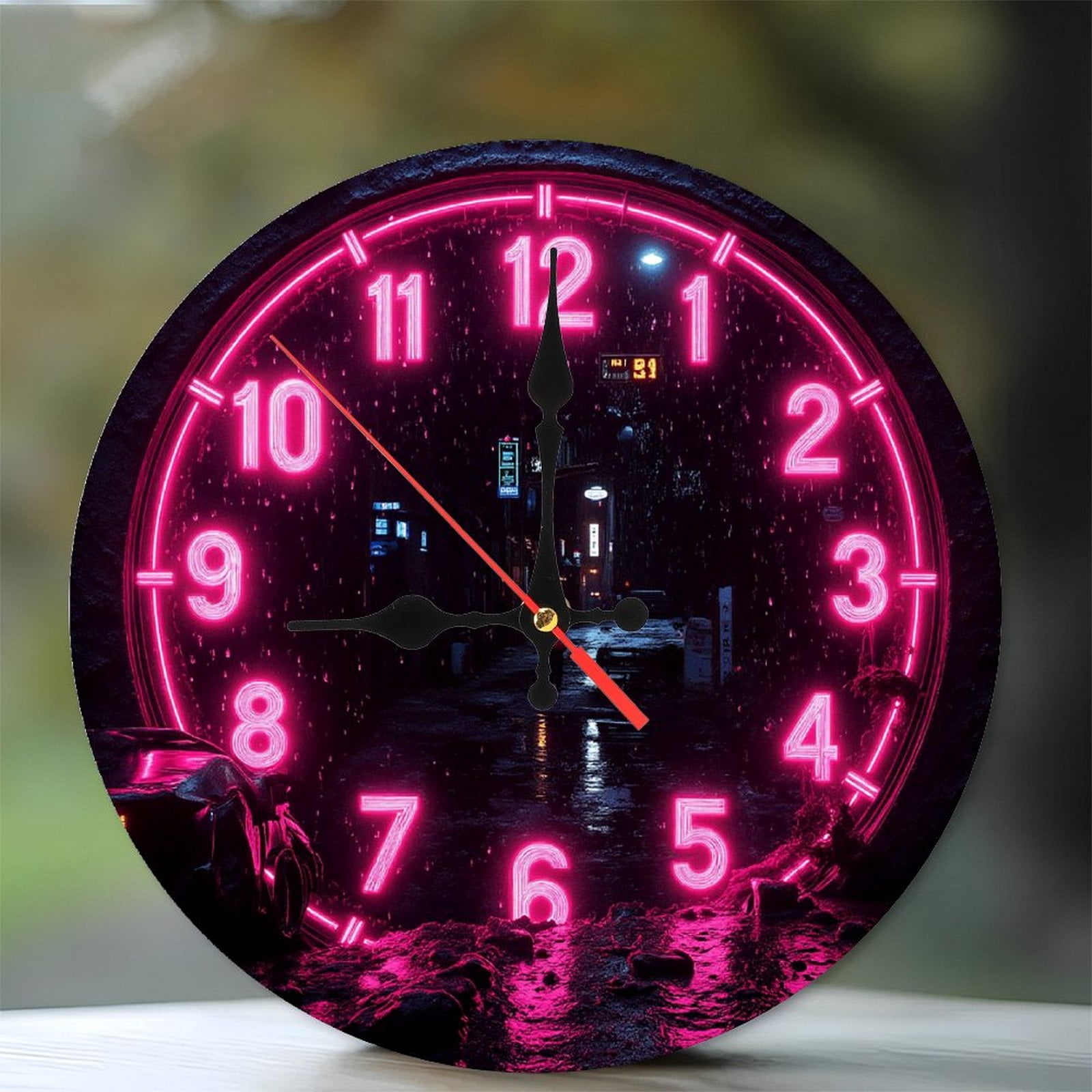 Neon Clock Rain Cityscape Art 10-Inch Silent Wooden Wall Clock, Battery ...