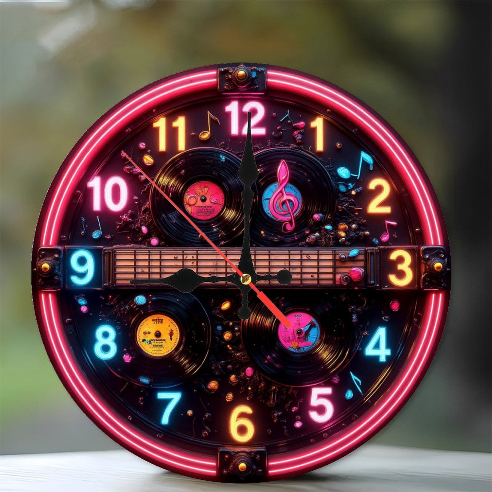 Neon Clock Vinyl Music Guitar Wall Art Decor 10-Inch Silent Wooden Wall ...