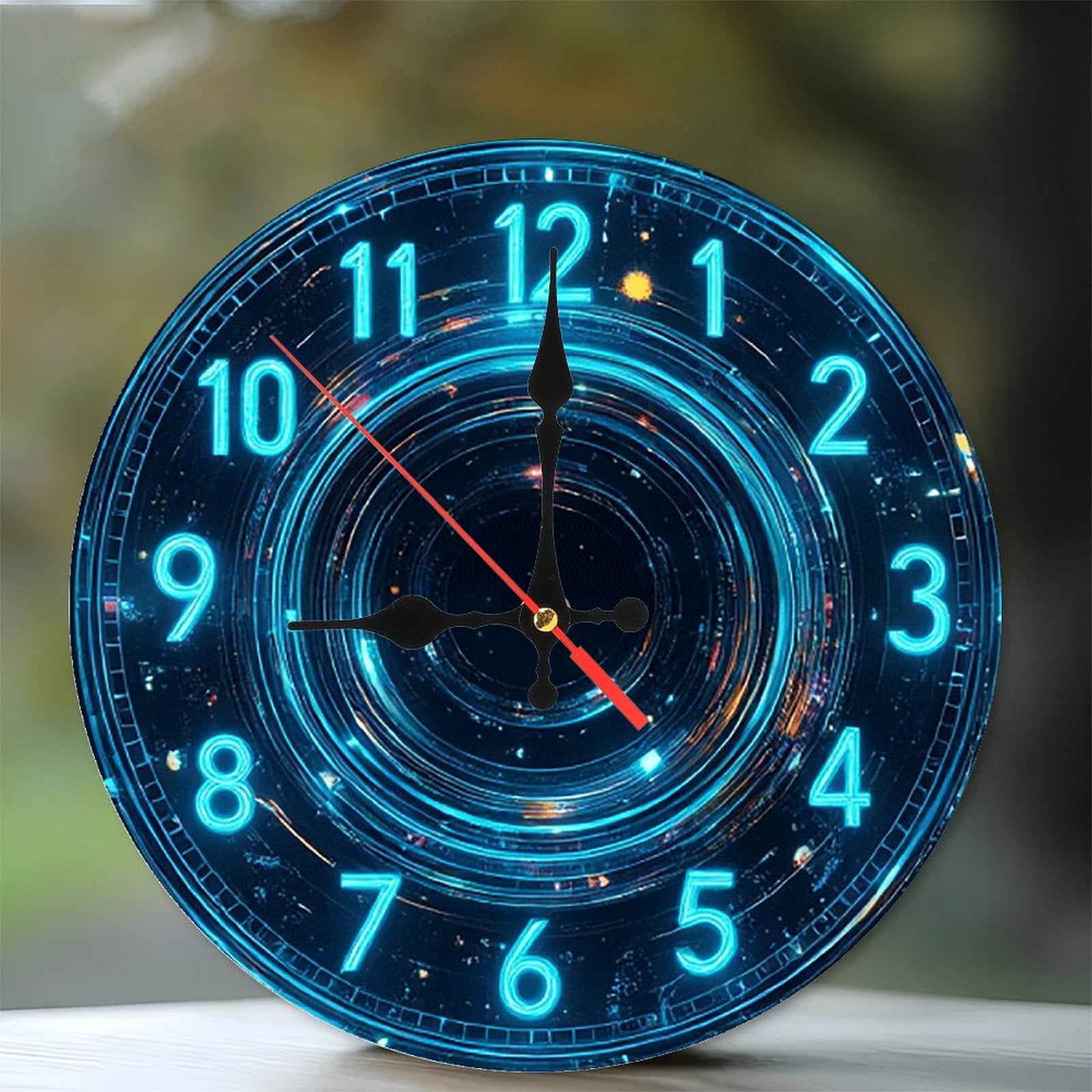 Neon Clock Wall Art Blue Digital Circular 10-Inch Silent Wooden Wall ...