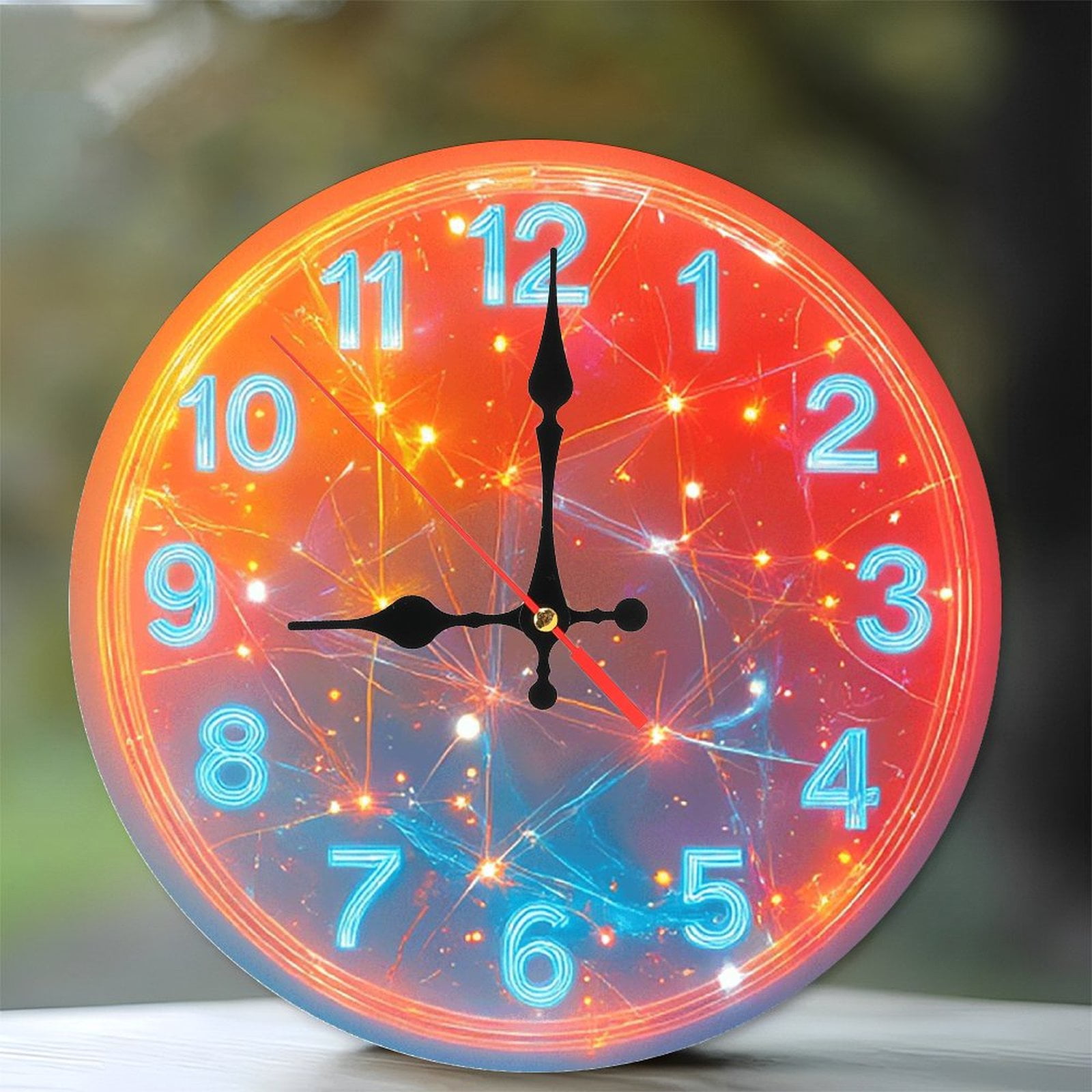 Neon Clock Wall Decor Orange Blue Lights 10-Inch Silent Wooden Wall ...