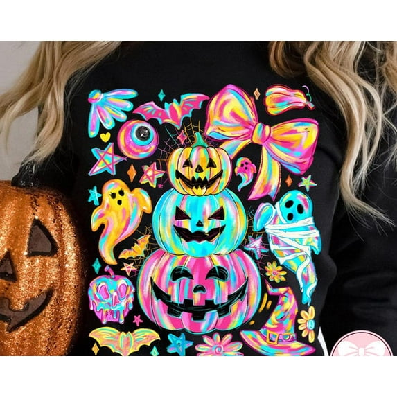 Neon Colorful Pumpkin Ghost , Preppy Coquette Bow , Fall Bat Ghost ...
