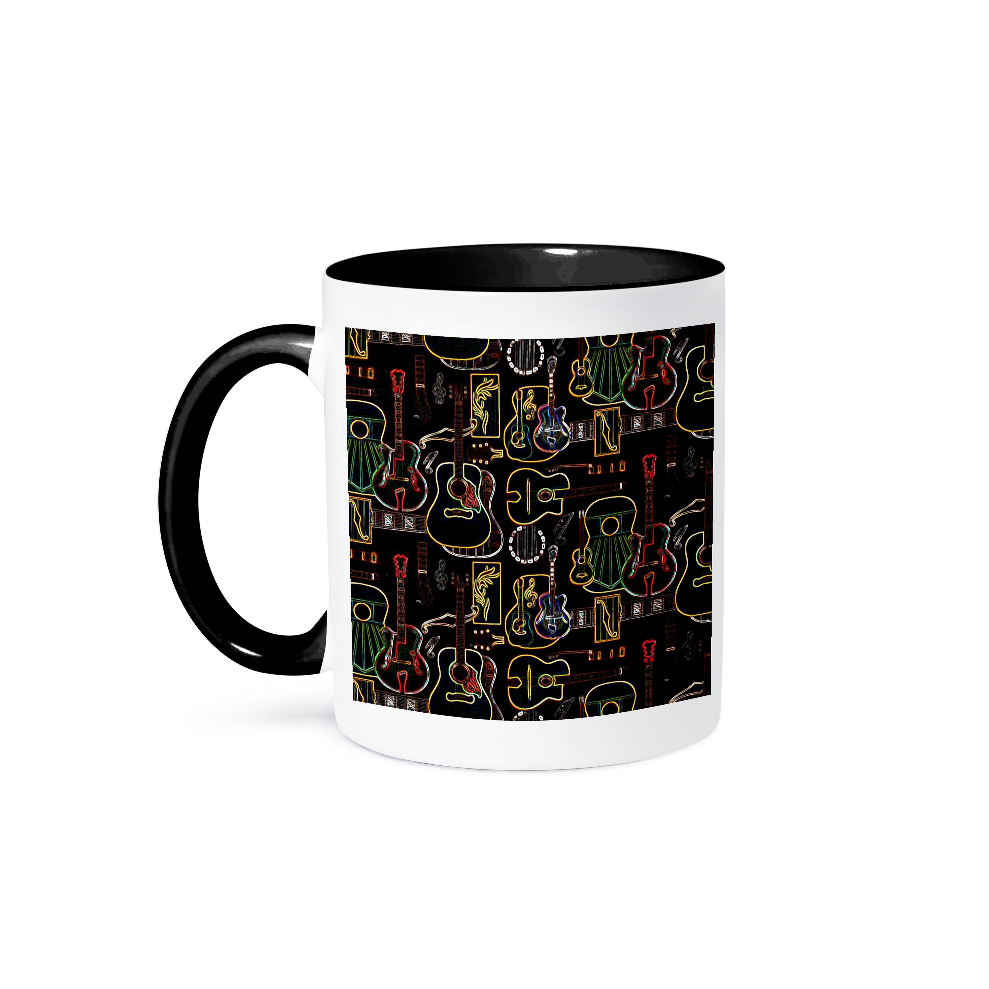 3dRose, Neon Colors Lets Hear It For Guitars, 11oz Two-Tone Black Mug ...