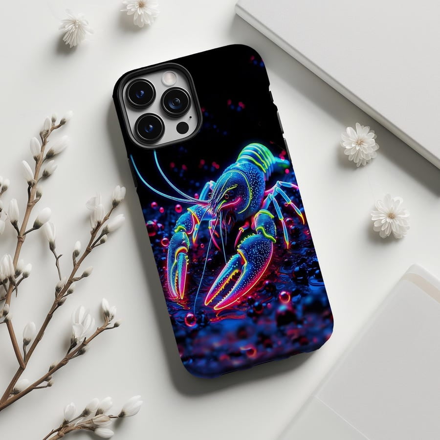 Neon Crayfish Coastal Marine Animal Art Protective Case with iPhone 17 ...