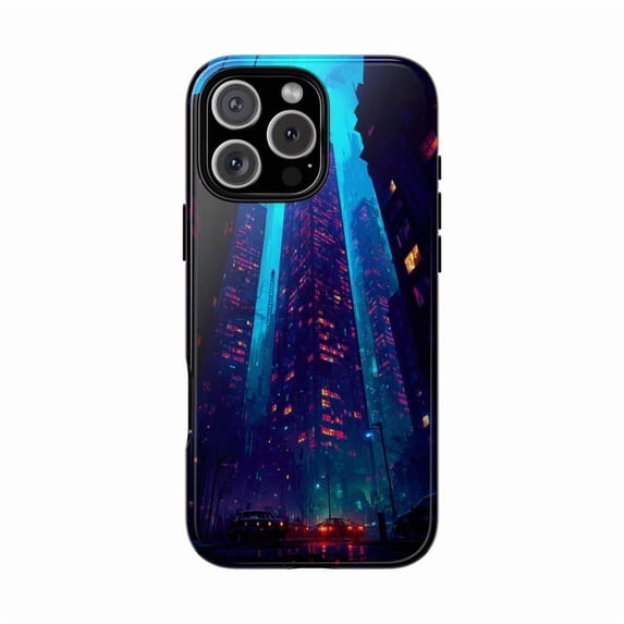 Neon Cyber City Skyline iPhone Case Futuristic Urban Tech Illustration ...