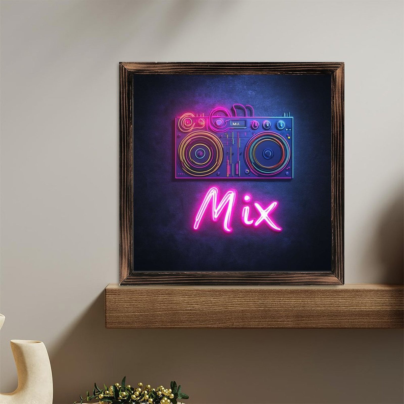 Neon DJ Mixer Turntable Wooden Sign Wall Plaque - Vintage Art ...