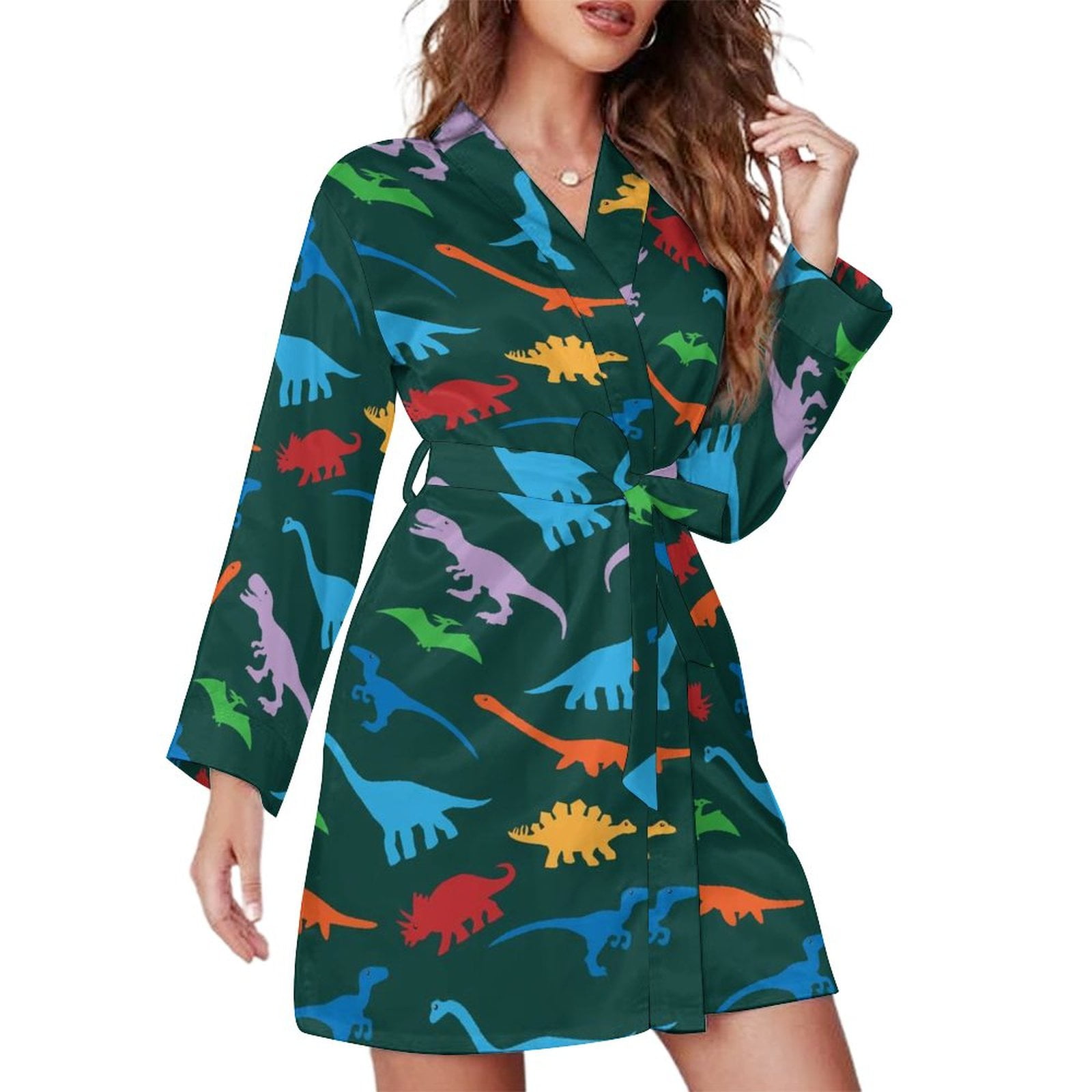 Neon Dinosaurs Pajama Robe Women Colorful Animal Pinrt Casual Nightgown ...