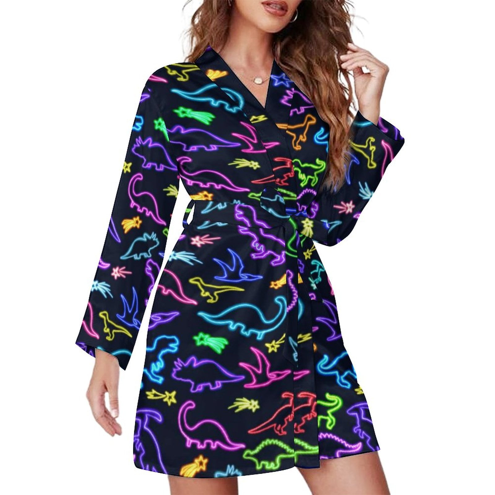 Neon Dinosaurs Pajama Robe Women Colorful Animal Pinrt Casual Nightgown ...