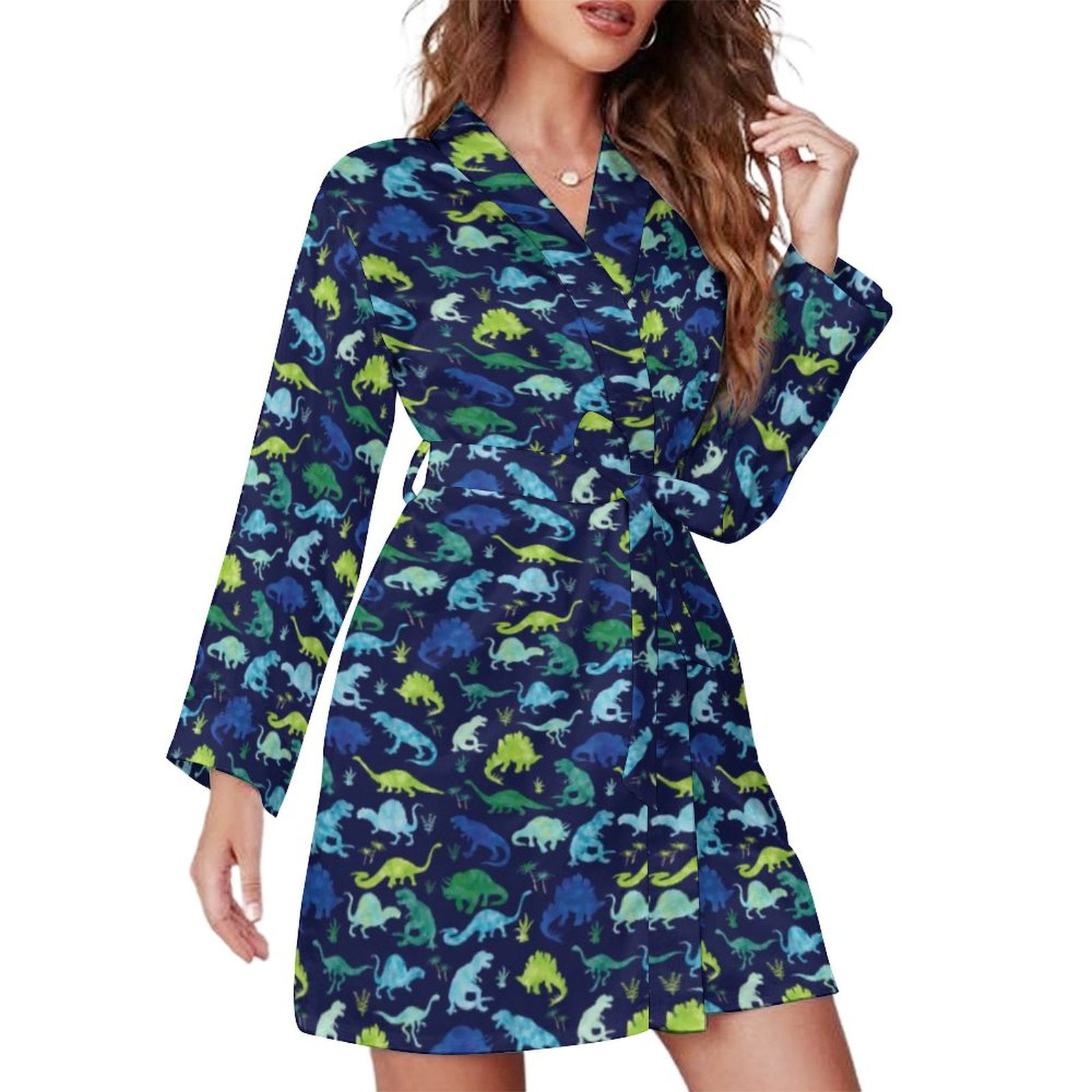 Neon Dinosaurs Pajama Robe Women Colorful Animal Pinrt Casual Nightgown ...