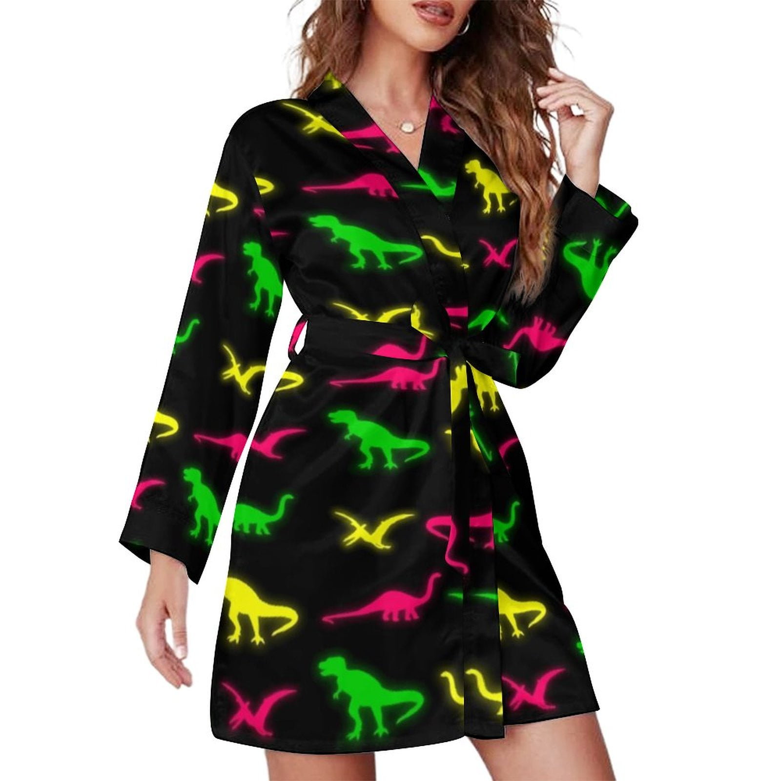 Neon Dinosaurs Pajama Robe Women Colorful Animal Pinrt Casual Nightgown ...
