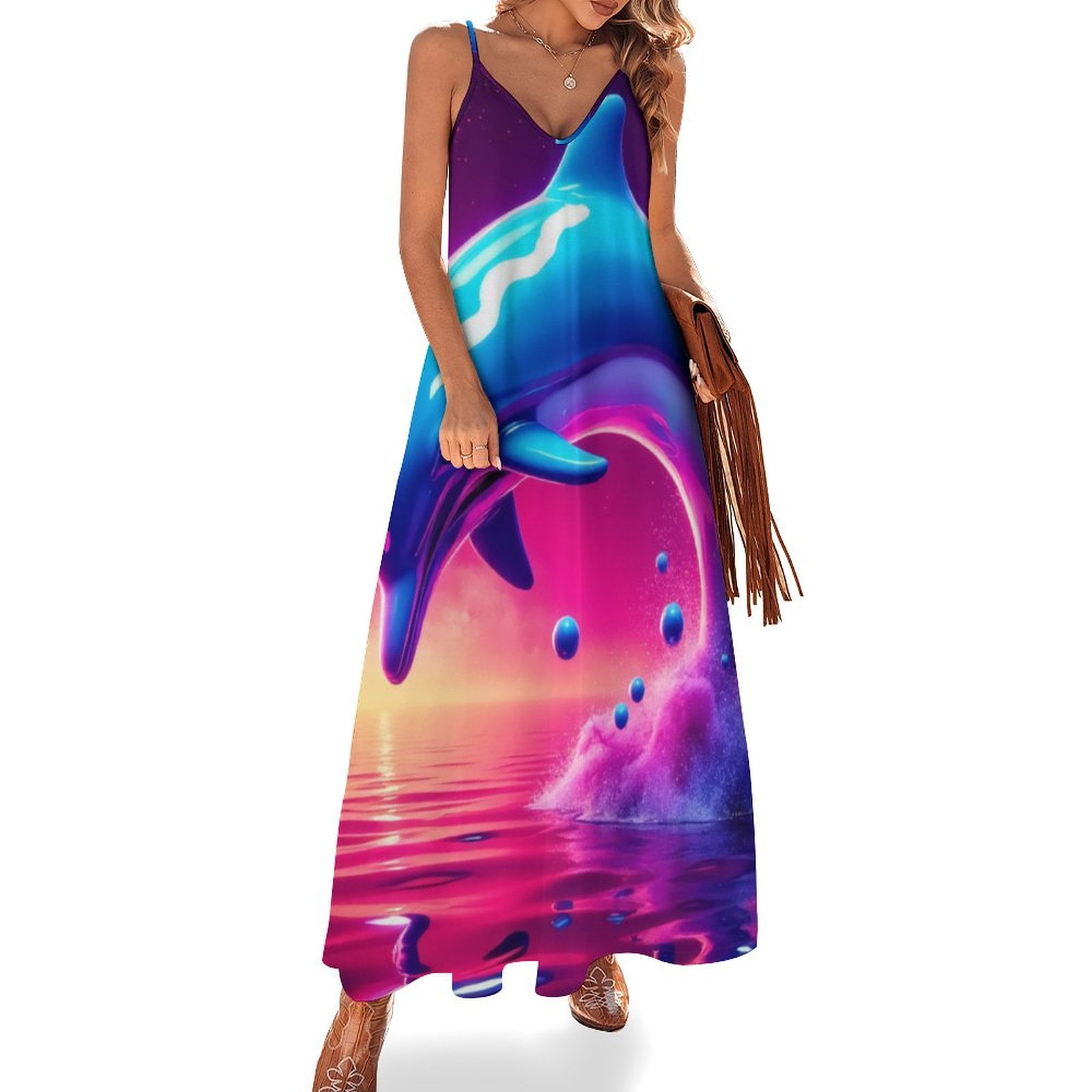 Neon Dolphin Splash Sleeveless Dress Women's Luxury Party Dress ...