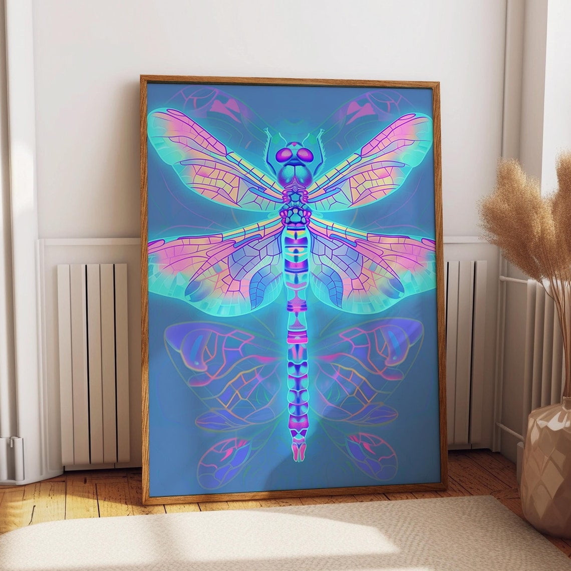 Neon Dragonfly Art Poster - Radiant Blue Dragonfly Wall Art - Vibrant ...