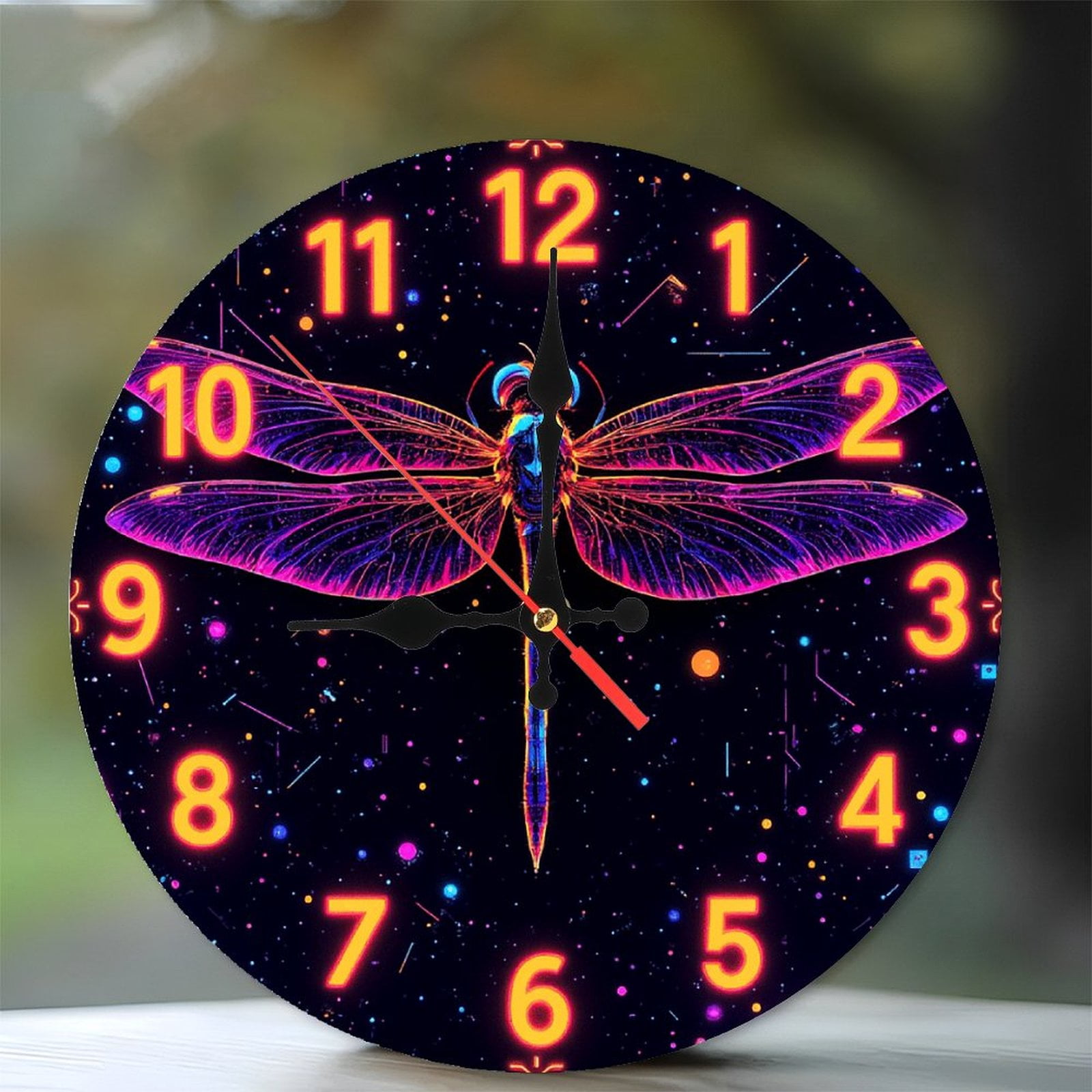 Neon Dragonfly Clock with Colorful Starry Background 10-Inch Silent ...