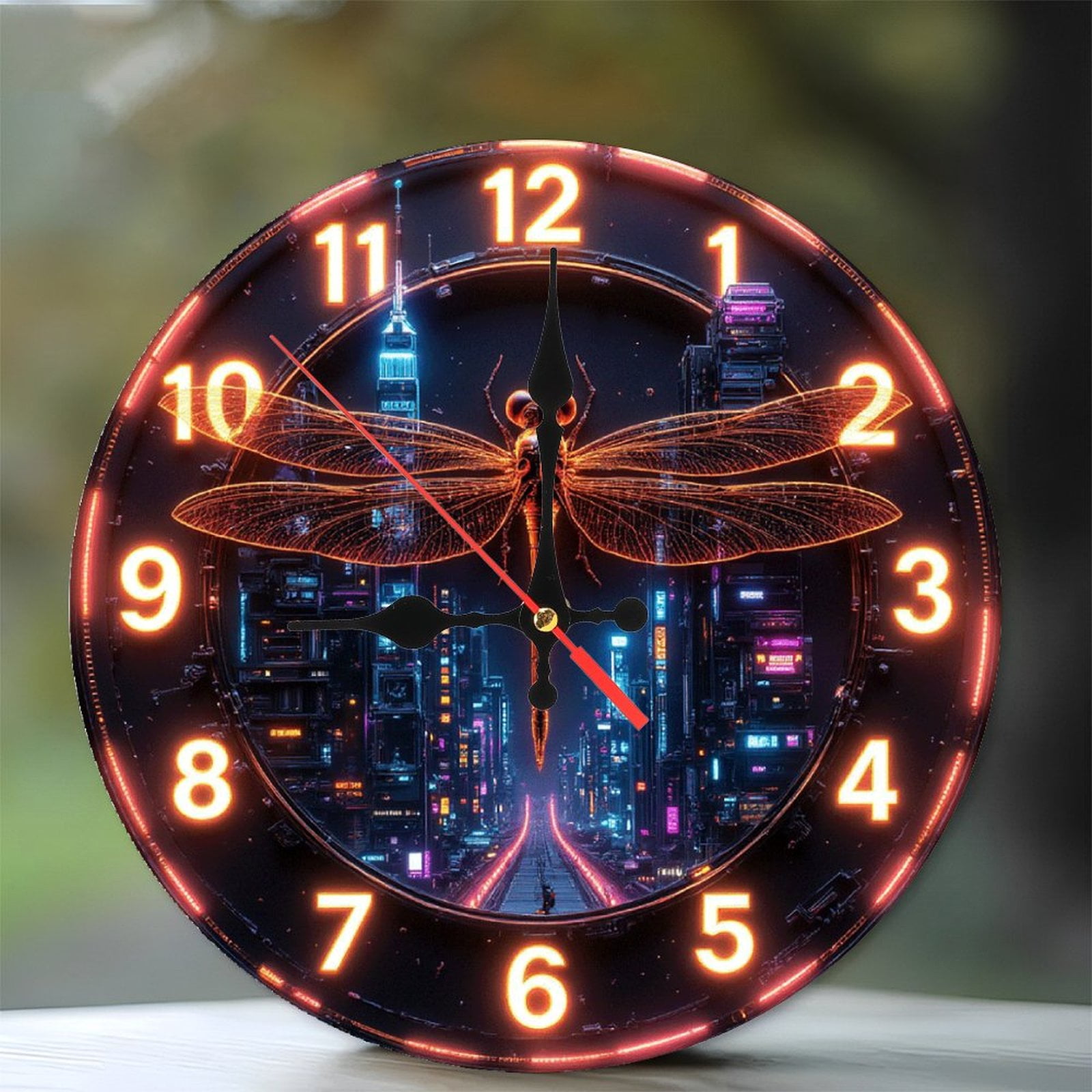 Neon Dragonfly Wall Clock with Futuristic City Design 10-Inch Silent ...