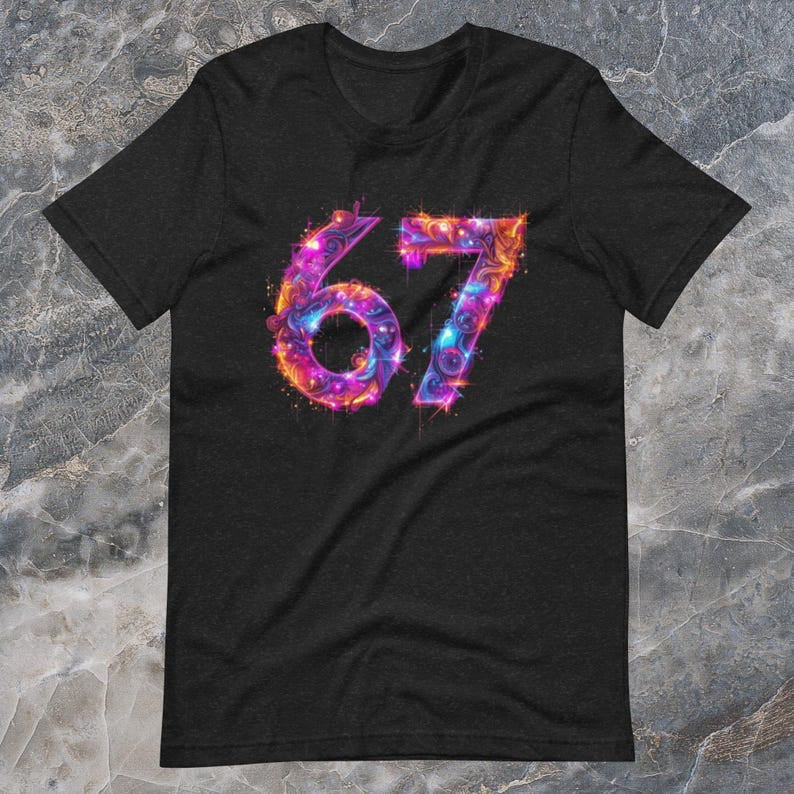 Neon Flame 67 Streetwear Graphic Tee Vibrant Retro Number Unisex Cotton ...