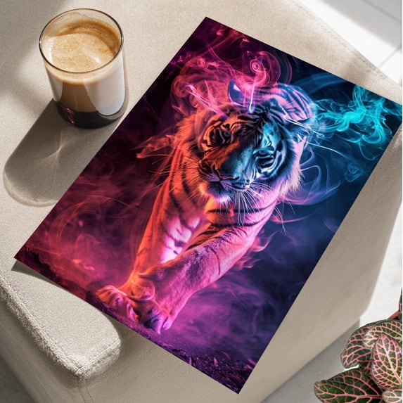 Neon Flame Tiger Wall Art, Modern Colorful Wildlife Decor, Unframed ...