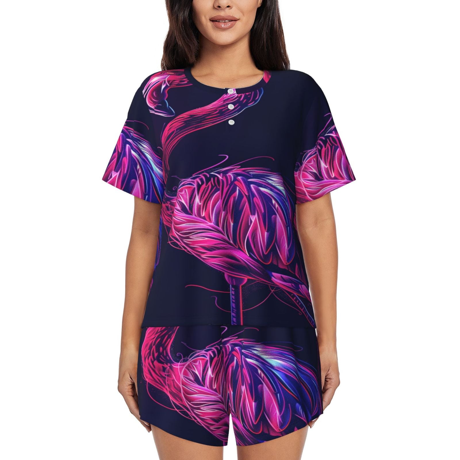 Neon Flamingo (16) Womens Pajamas Short Set Soft Short Sleeve Sleepwear ...