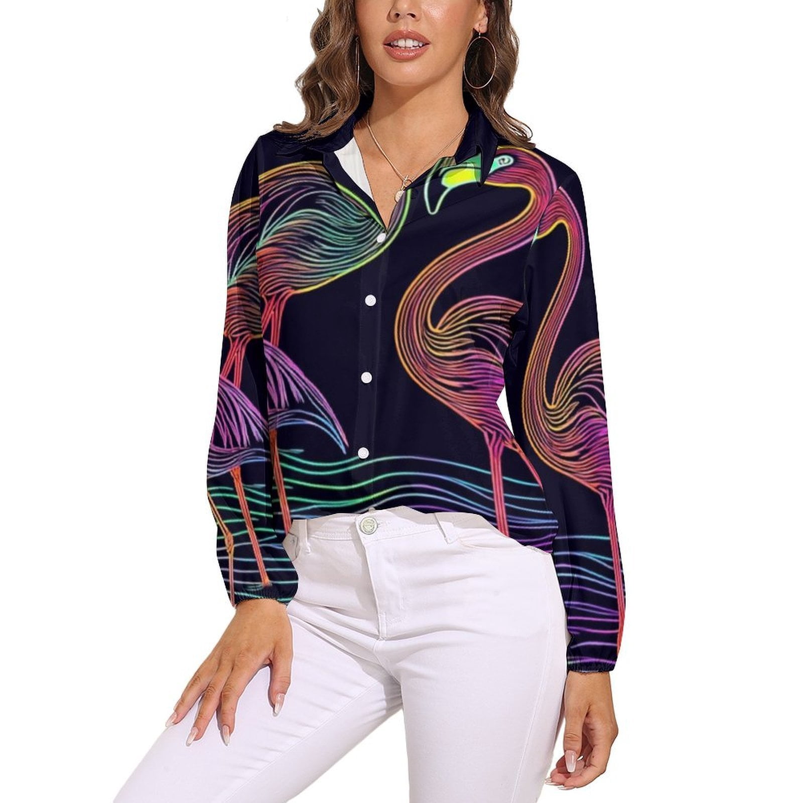 Neon Flamingo-2 Vntage Casual Long Sleeve Shirt Blouse Woman Streetwear ...