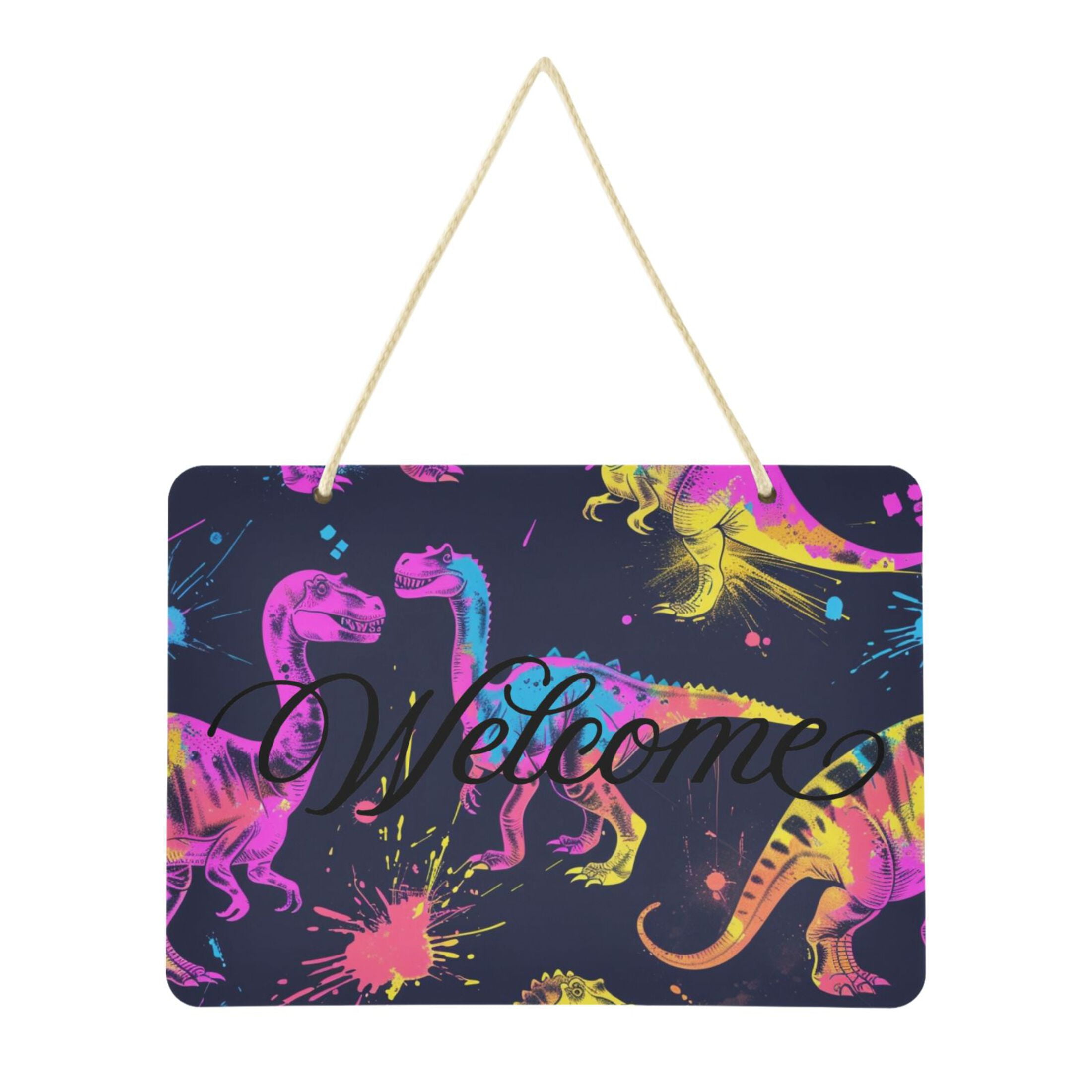 Neon Funny Dinosaurs Welcome Sign Front Door PVC 14x10 inch Hanger ...