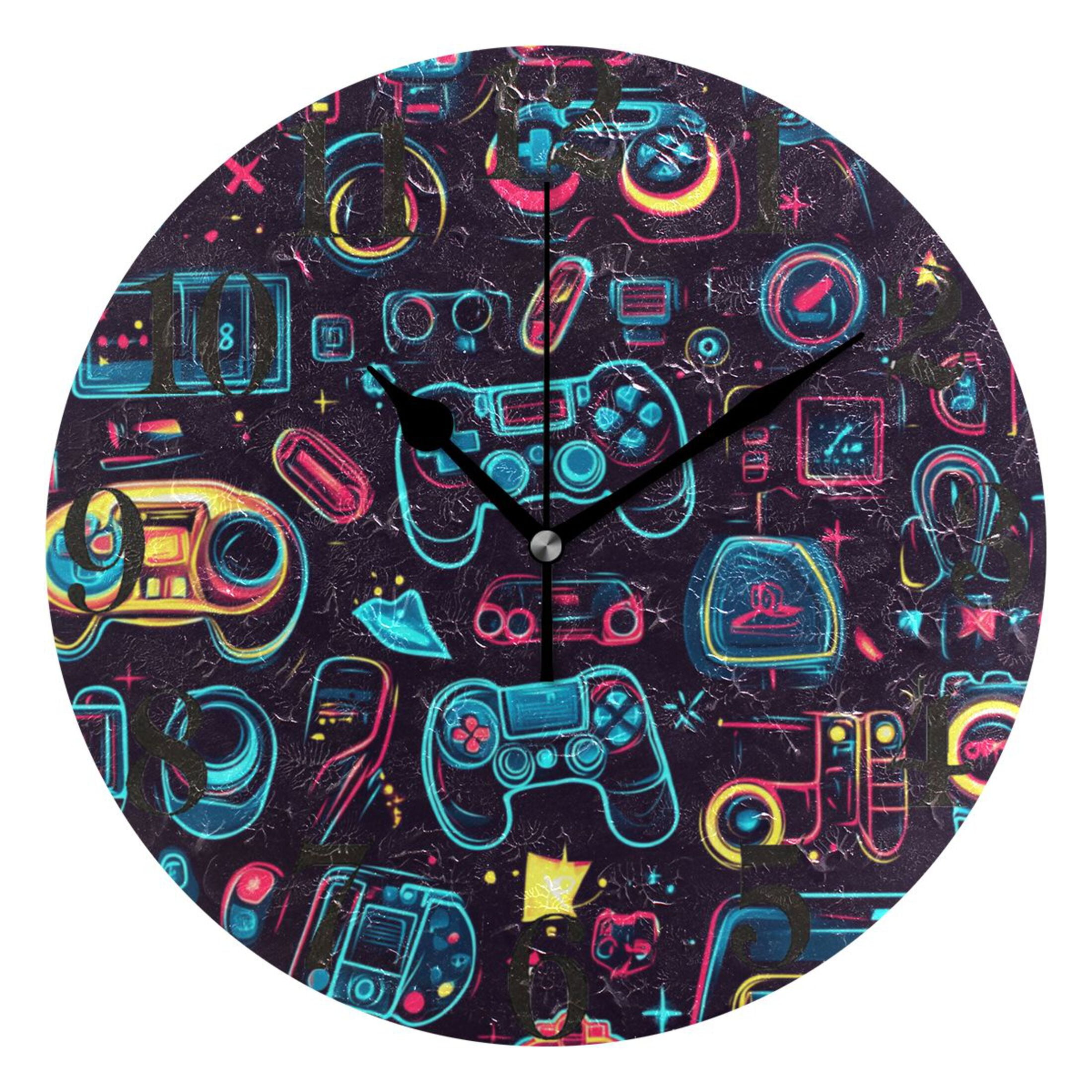 Neon Game Controllers Round Wall Clock Battery Operated Silent Non ...