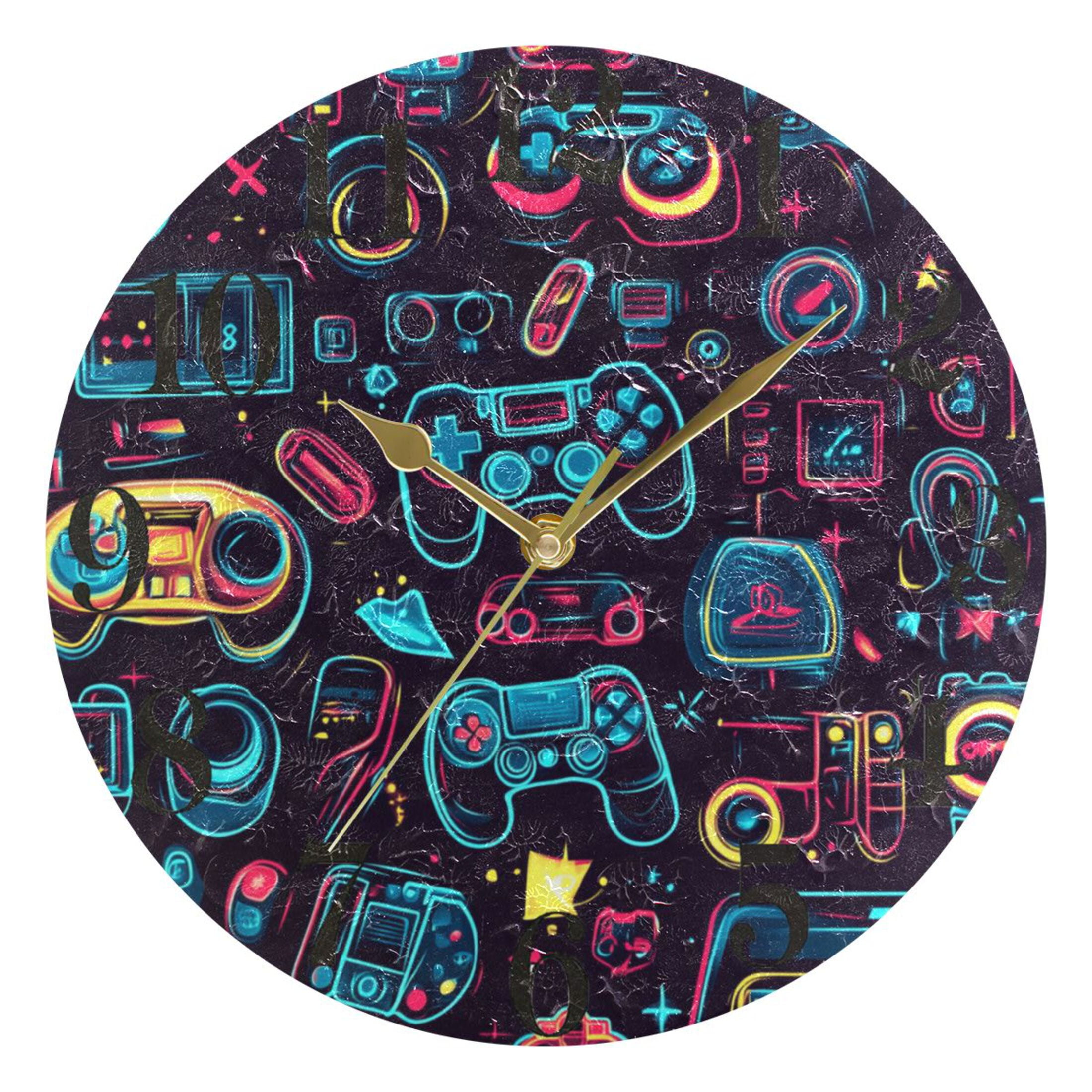 Neon Game Controllers Round Wall Clock Battery Operated Silent Non ...