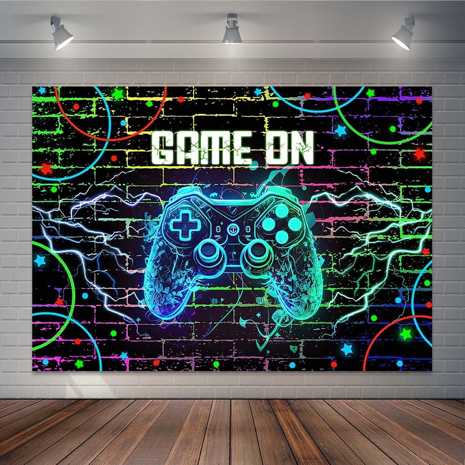 Neon Game On Backdrop Boys Video Game Happy Birthday Background ...