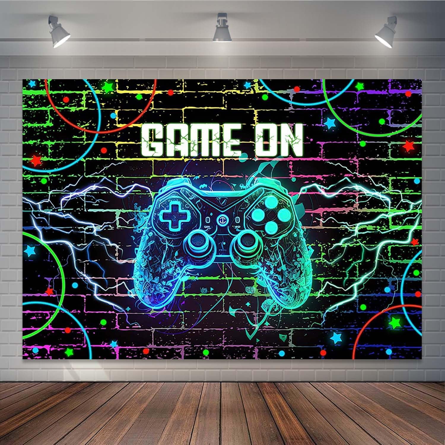 Neon Game On Backdrop Boys Video Game Happy Birthday Background ...