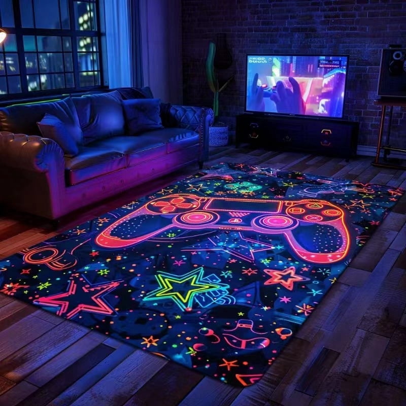 Neon Gaming Controller Printed Area Rug, Non-Slip Glow-in-the-Dark ...
