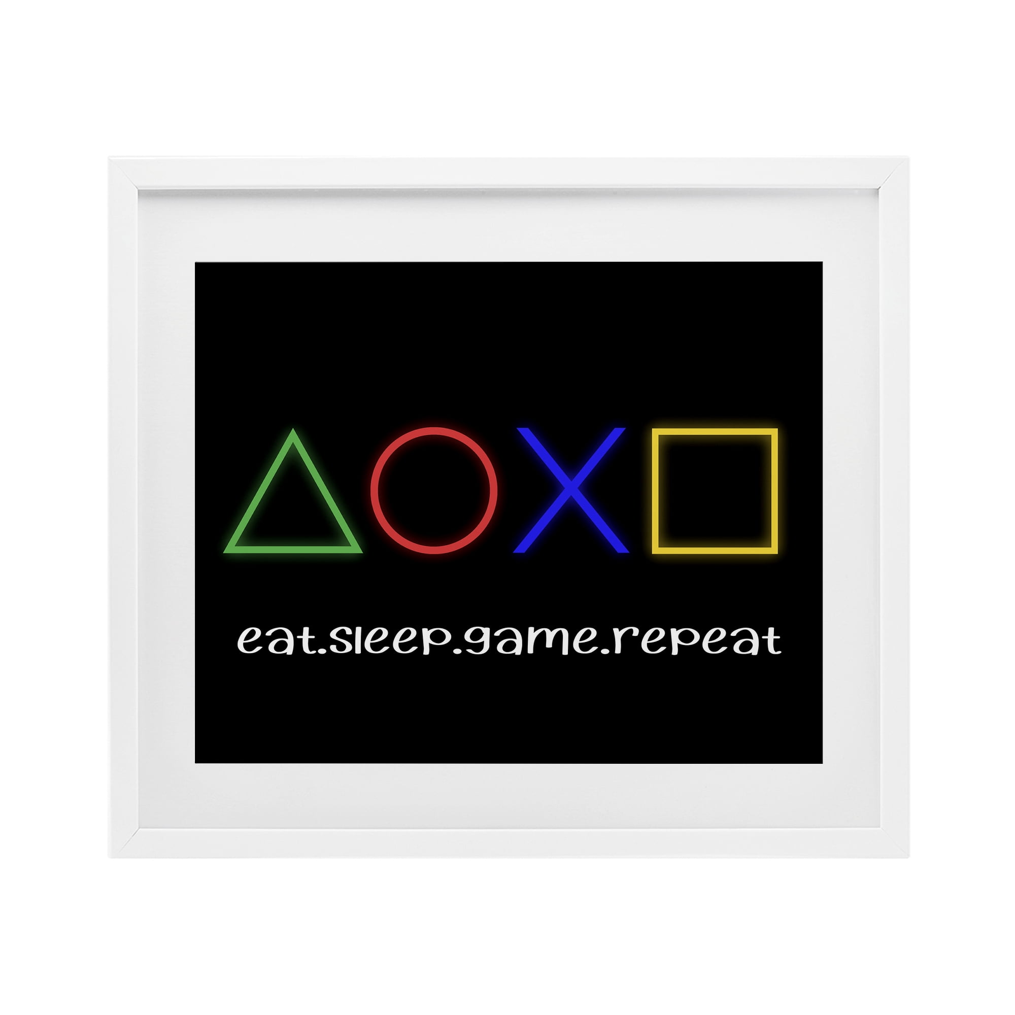 Neon Gaming Symbols & Words White Framed Print Under Glass, design by ...
