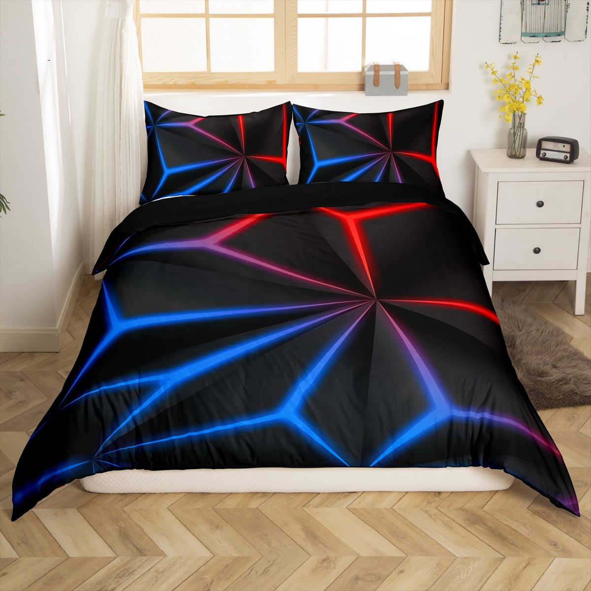 Neon Geometry Bedding Set King Size Red Blue Gradient Neon Light Duvet ...