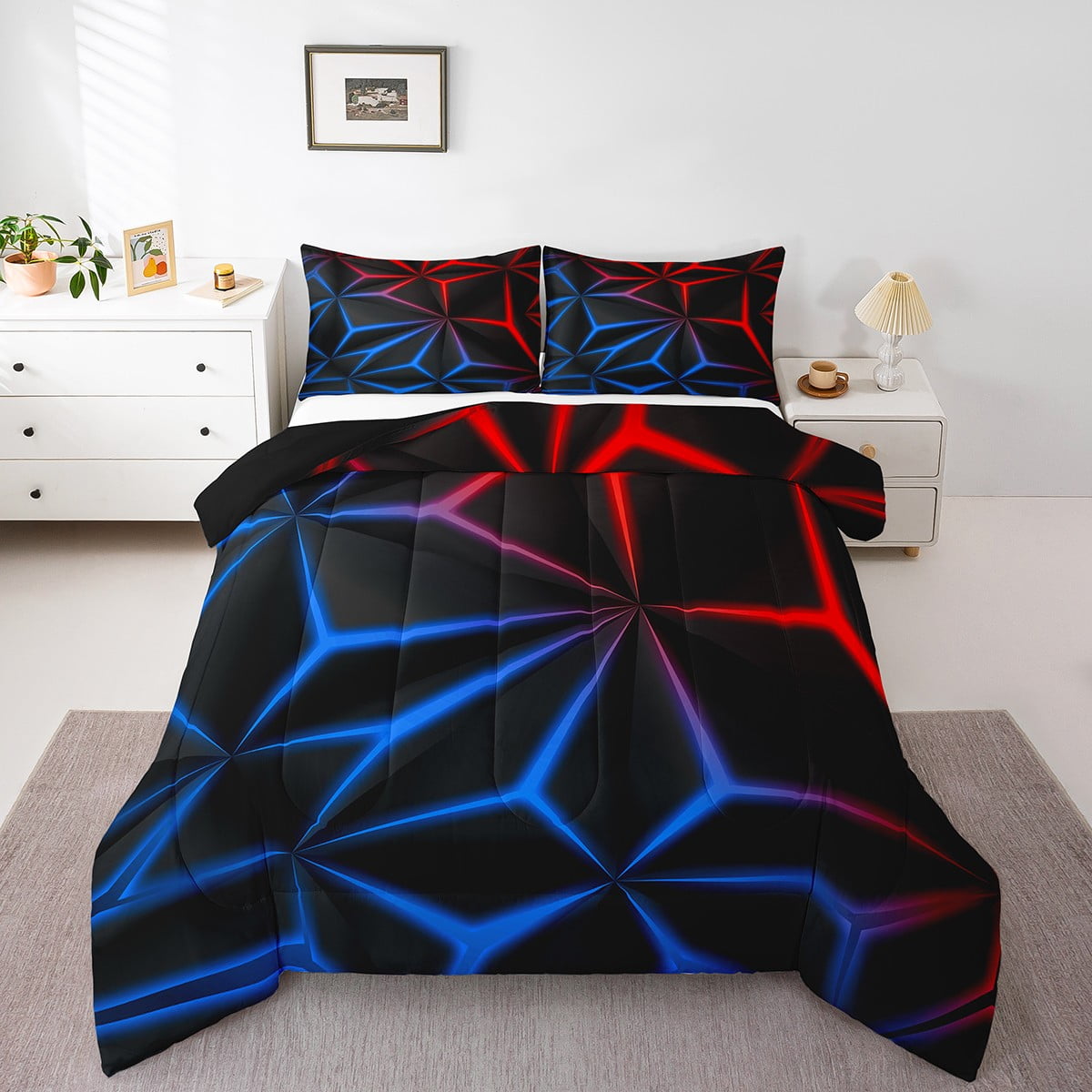 Neon Geometry Bedding Set Red Blue Gradient Neon Light Comforter Set ...