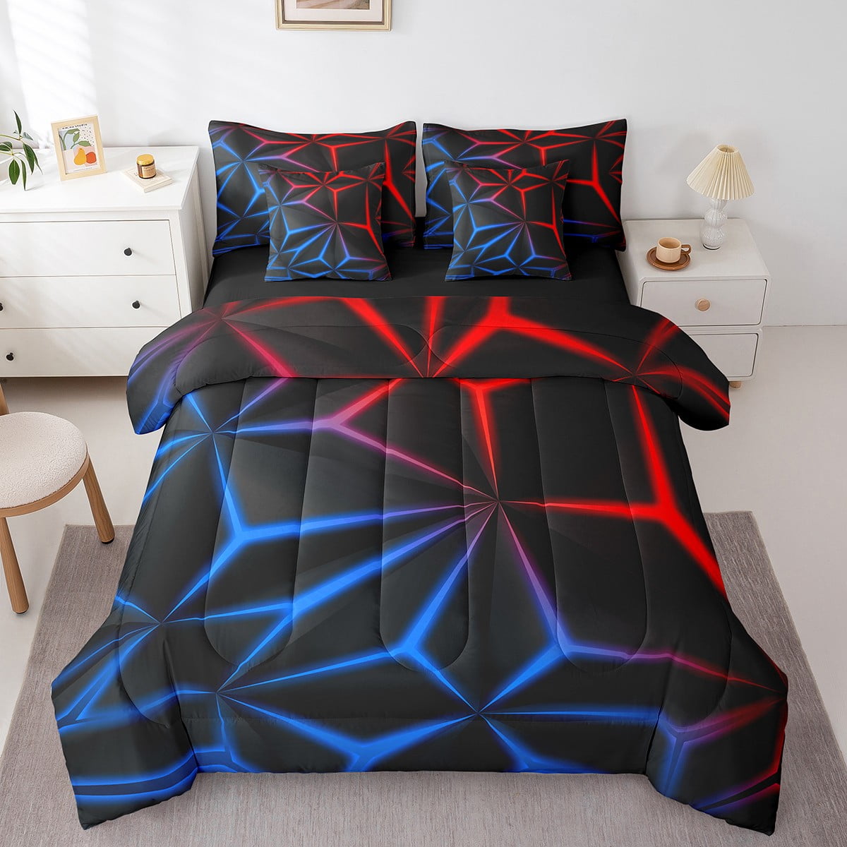 Neon Geometry Comforter Set 7 Piece Queen Size Red Blue Gradient Neon ...