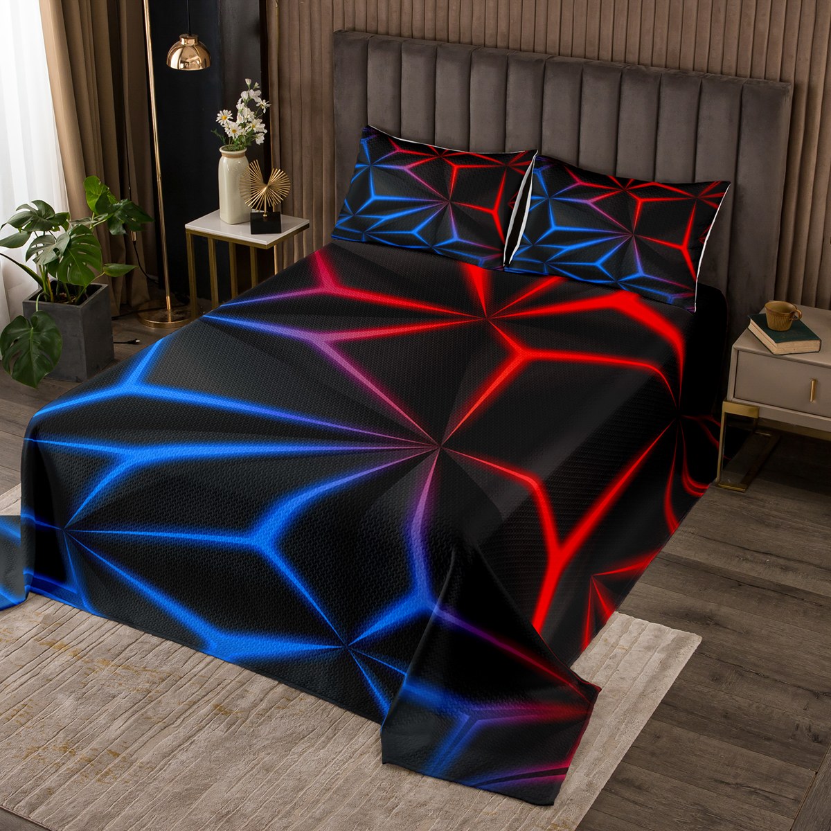 Neon Geometry Coverlet Set Twin Size Red Blue Gradient Neon Light ...