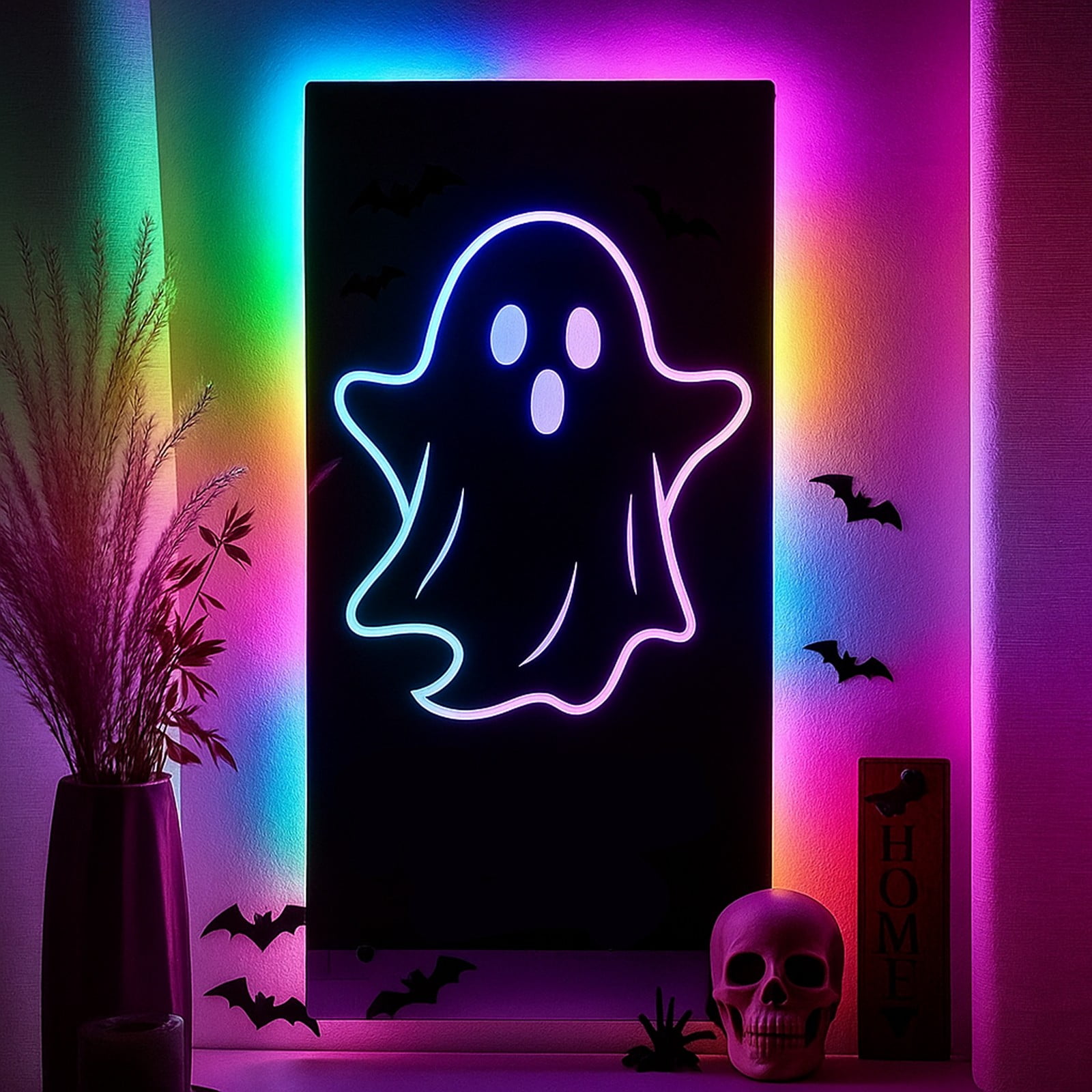 Neon Ghost Sign - LED Ghost Light for Halloween Decorations - 40x20cm ...
