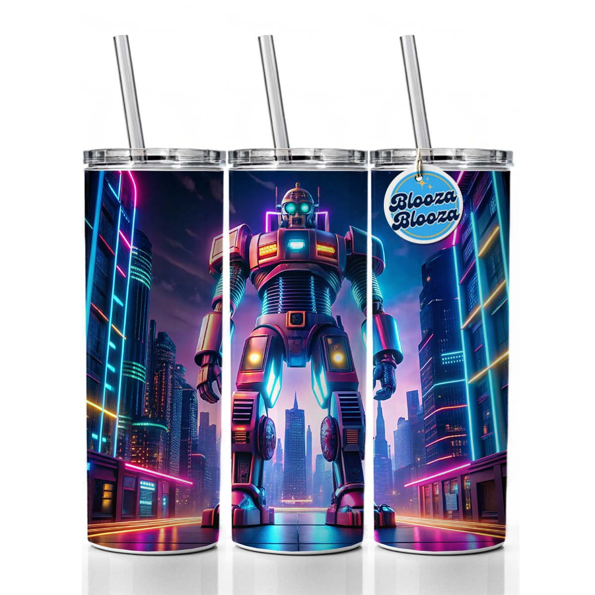 Neon Giant Sci-fi Robot 20oz Insulated Water Bottle Skinny Tumbler ...