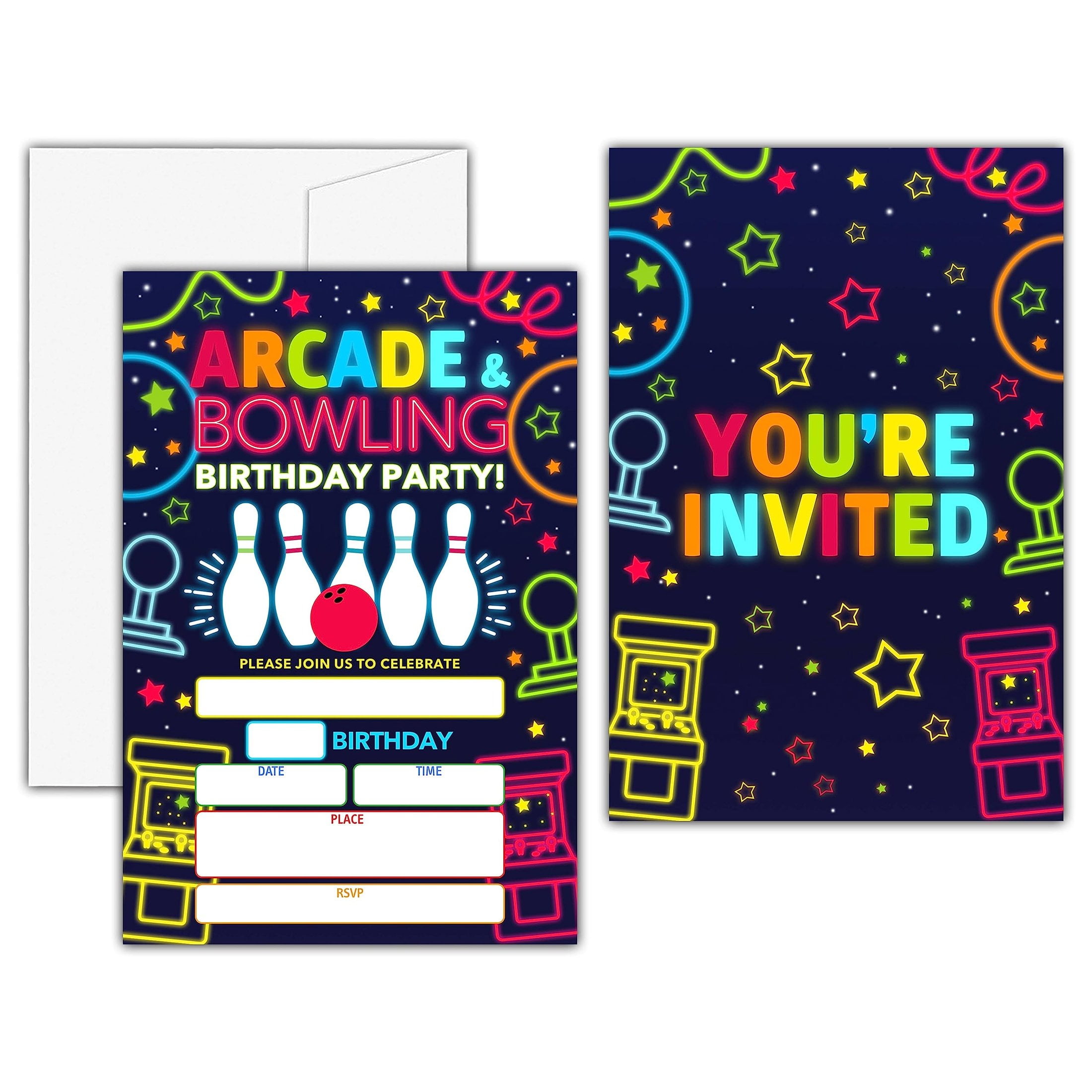 Neon Glow Arcade Bowling Birthday Invitations - 20 Set Gaming Party ...