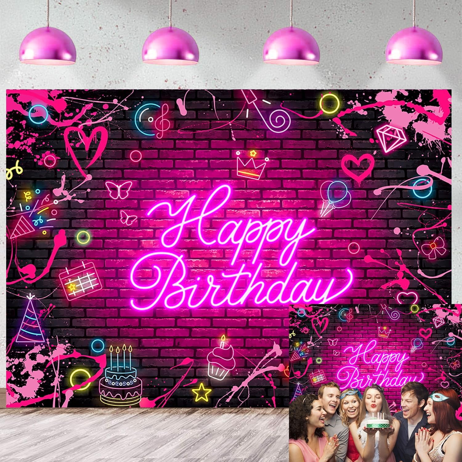 Neon Glow Birthday Backdrop Colorful Graffiti Splash Paint Hot Pink Let ...